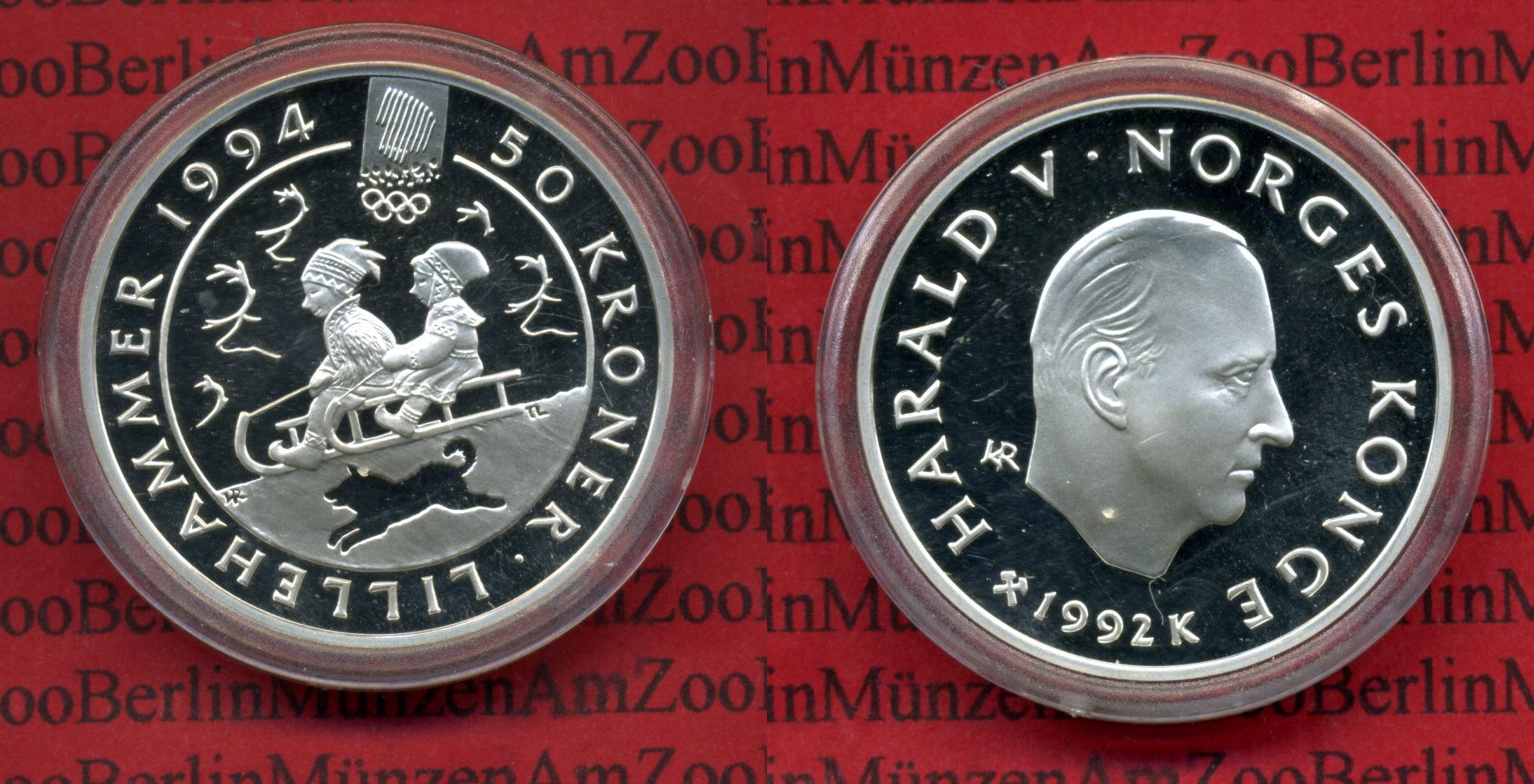50 Kroner Silbermünze 1992 Norwegen Norway Olympiade Lillehammer 1994 ...
