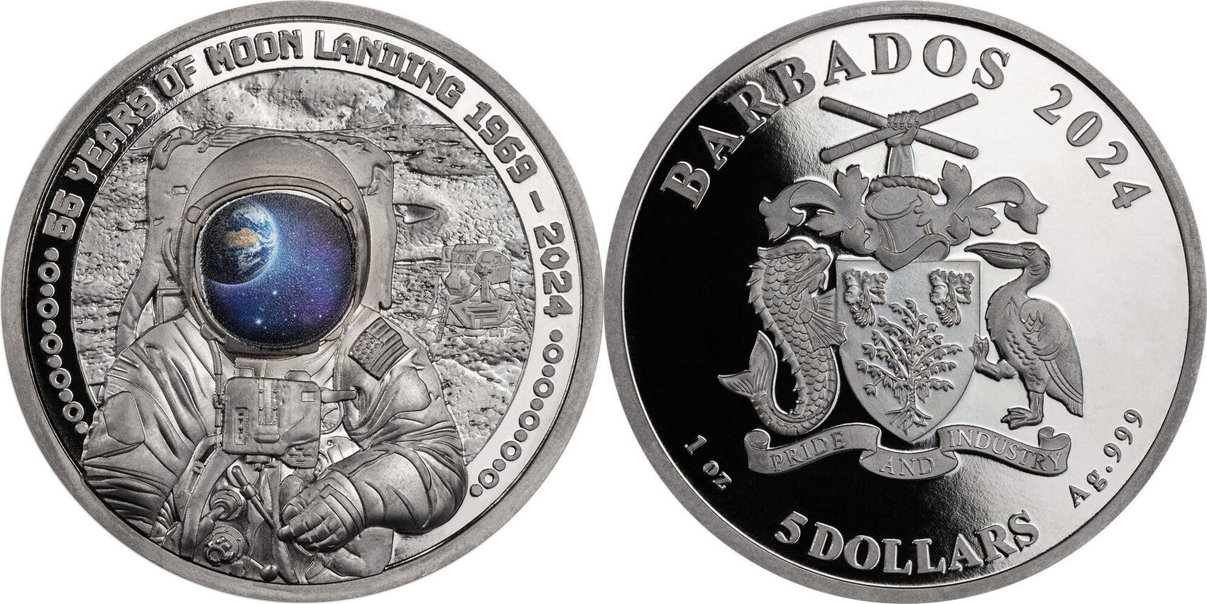 5 Dollars MOON LANDING Astronaut 55th Anniversary 1 Oz Silver Coin 5 ...