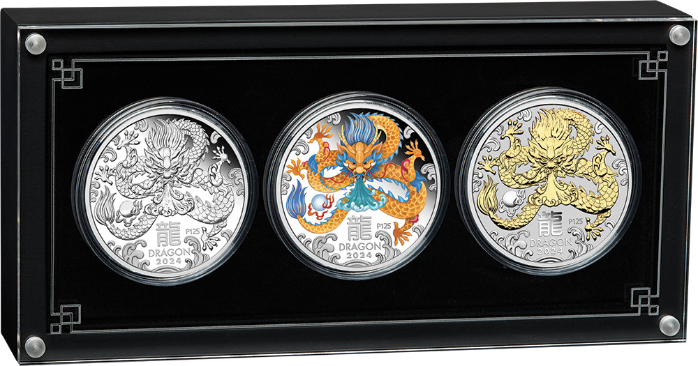 1 Dollar 2024 DRAGON LUNAR YEAR Trio Set 3 x 1 Oz Silver Coins 1$ Australia 2023 PP | MA-Shops