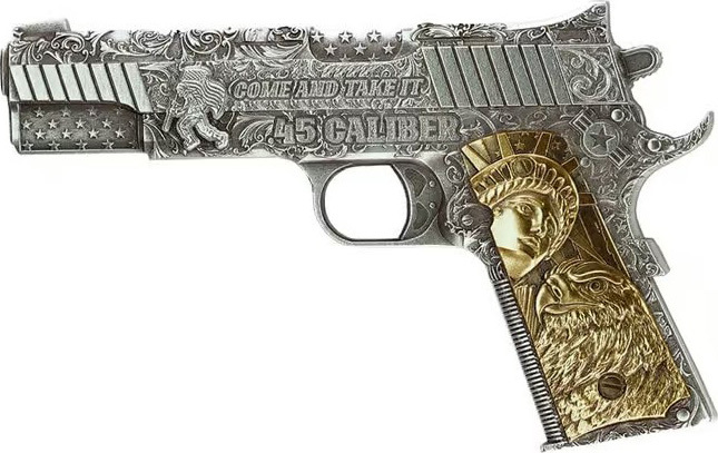 45 CALIBER PISTOL HANDGUN Gilded 2 Oz Silver Coin 10000 Francs Chad ...