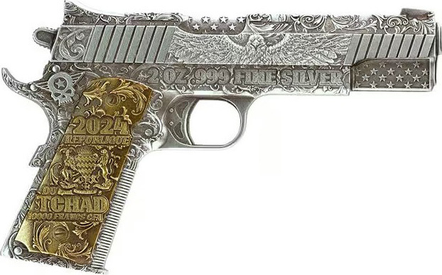 45 CALIBER PISTOL HANDGUN Gilded 2 Oz Silver Coin 10000 Francs Chad ...