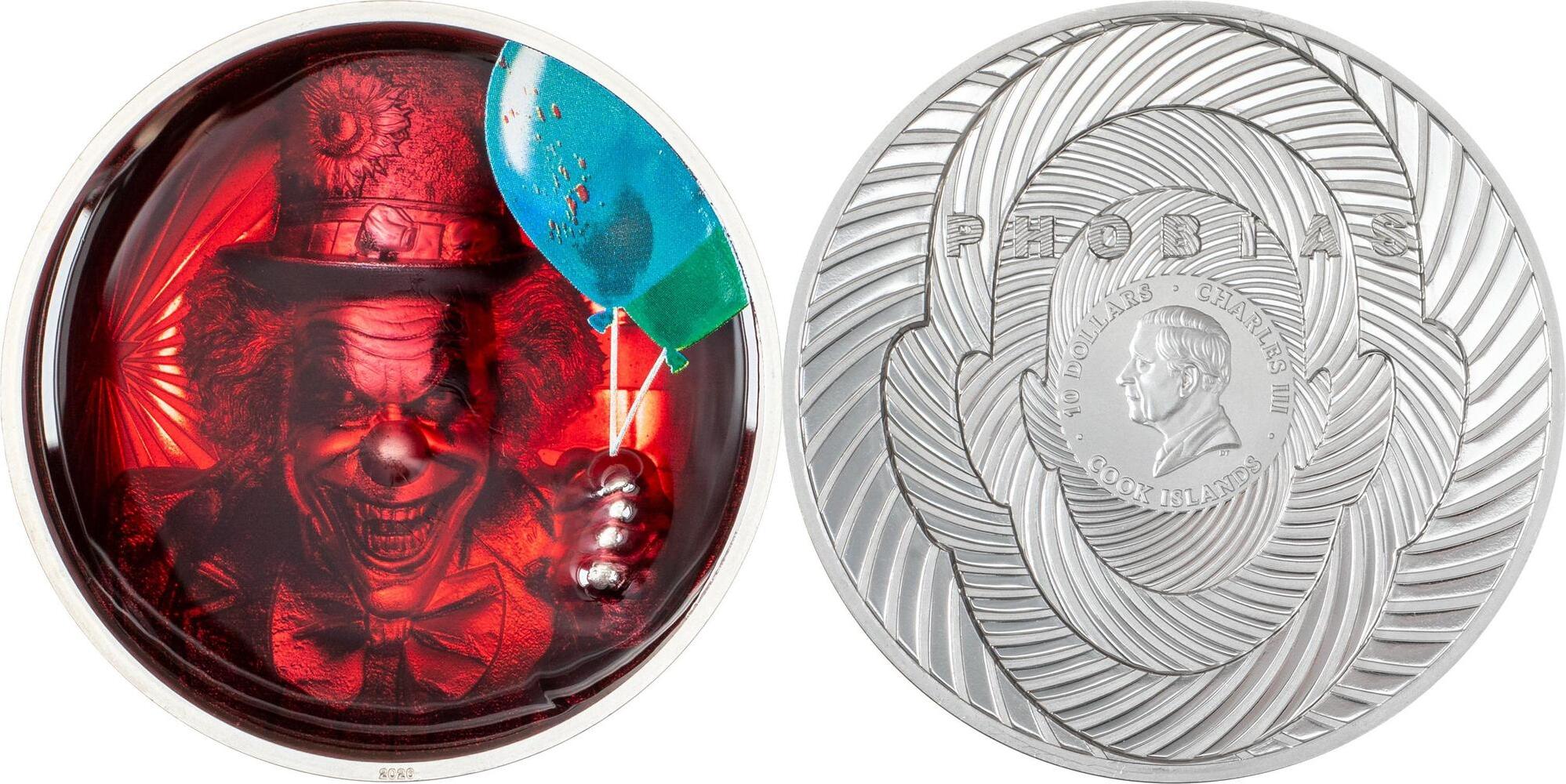 10 Dollars COULROPHOBIA Phobias Clown 2 Oz Silver Coin 10$ Cook Islands ...