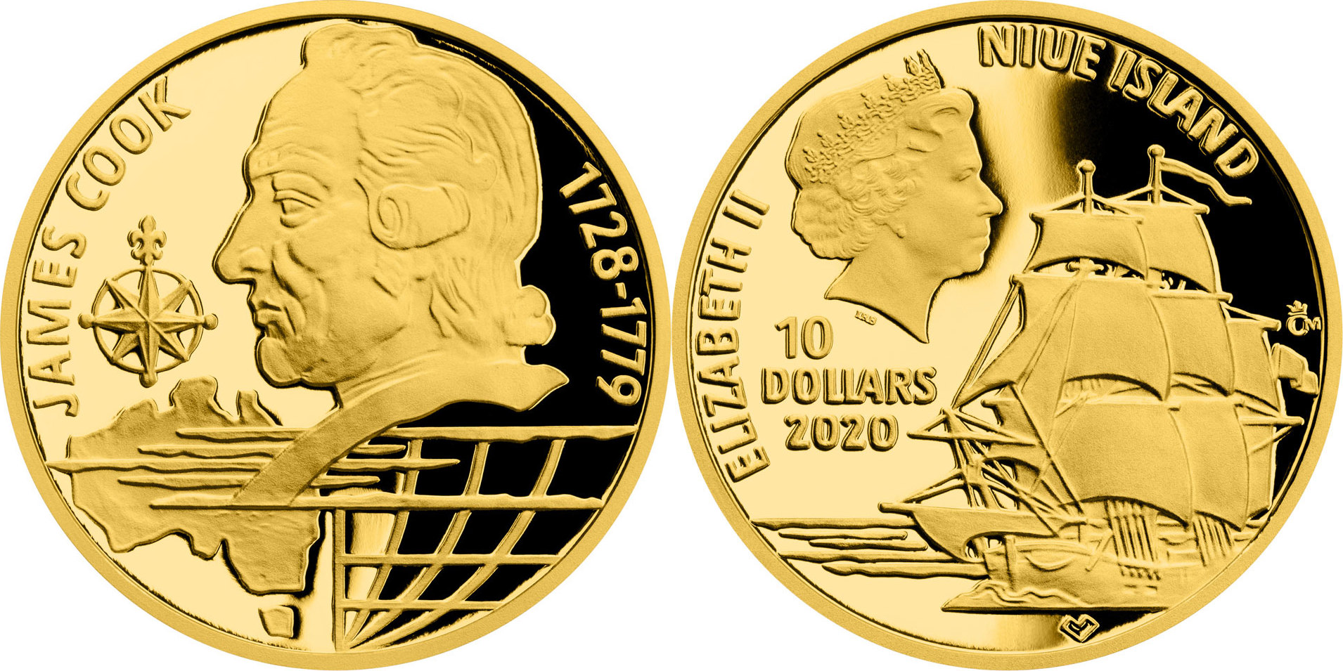 10 Dollars JAMES COOK on the Waves Gold Coin 10$ Niue 2020 PP | MA-Shops