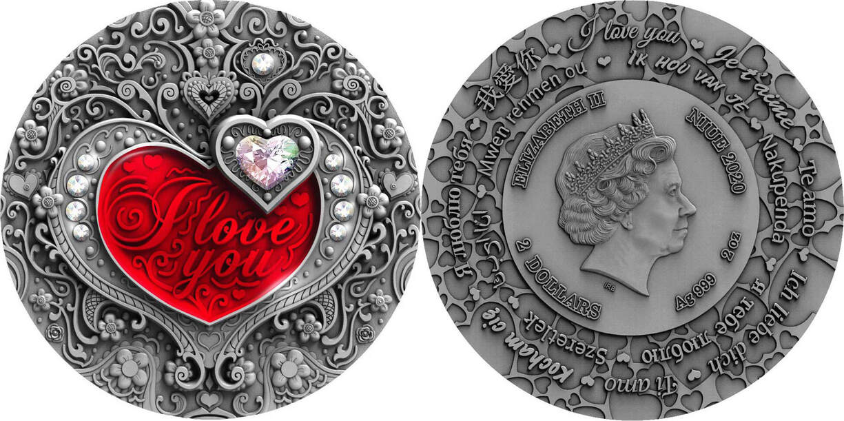 2 Dollars I LOVE YOU Heart 2 Oz Silver Coin 2$ Niue 2020 Antique Finish ...