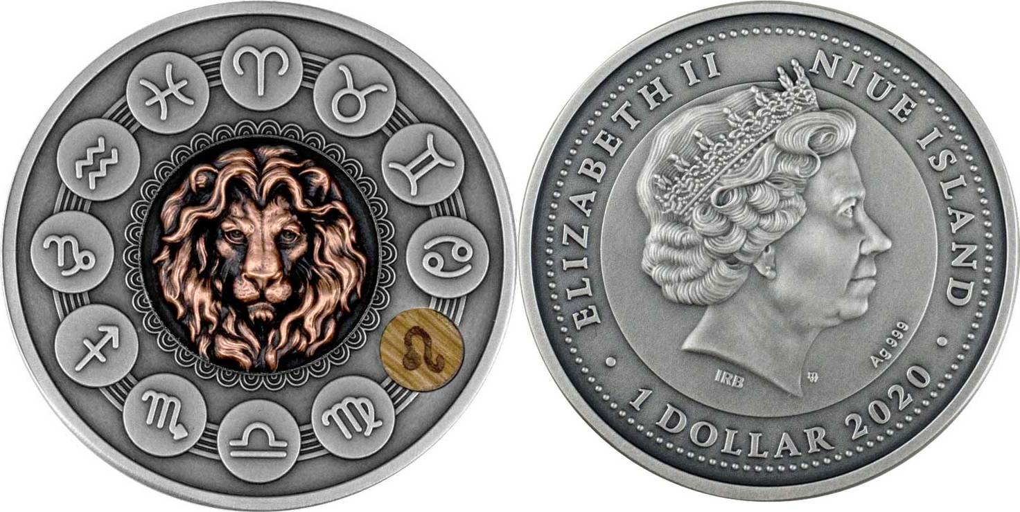 1 Dollar LEO Lion Zodiac Signs 1 Oz Silver Coin 1$ Niue 2020 Antique ...