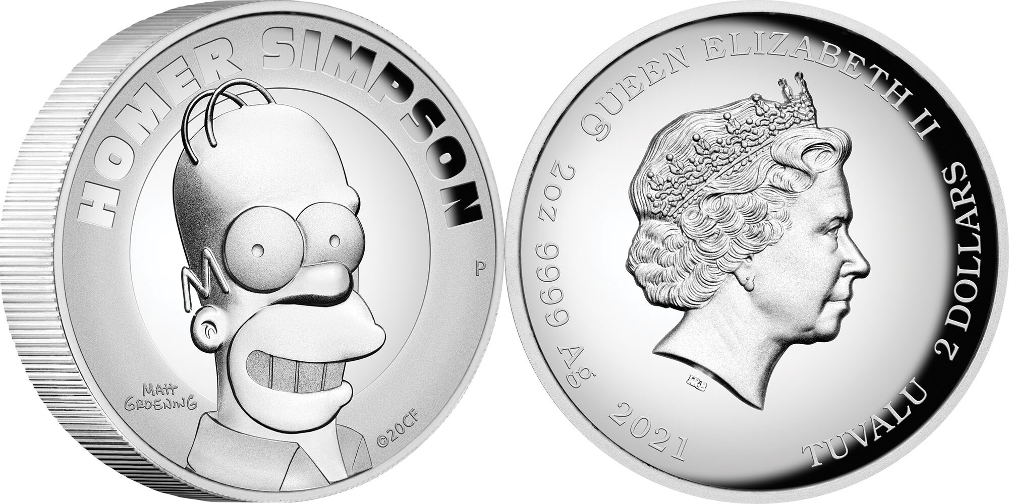 2 Dollars HOMER SIMPSONS 2 Oz Silver Coin 2$ Tuvalu 2021 PP | MA-Shops