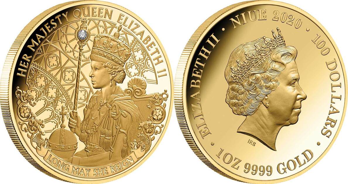 100 Dollars QUEEN ELIZABETH II Diamond 1 Oz Gold Coin 100$ Niue 2020 PP ...