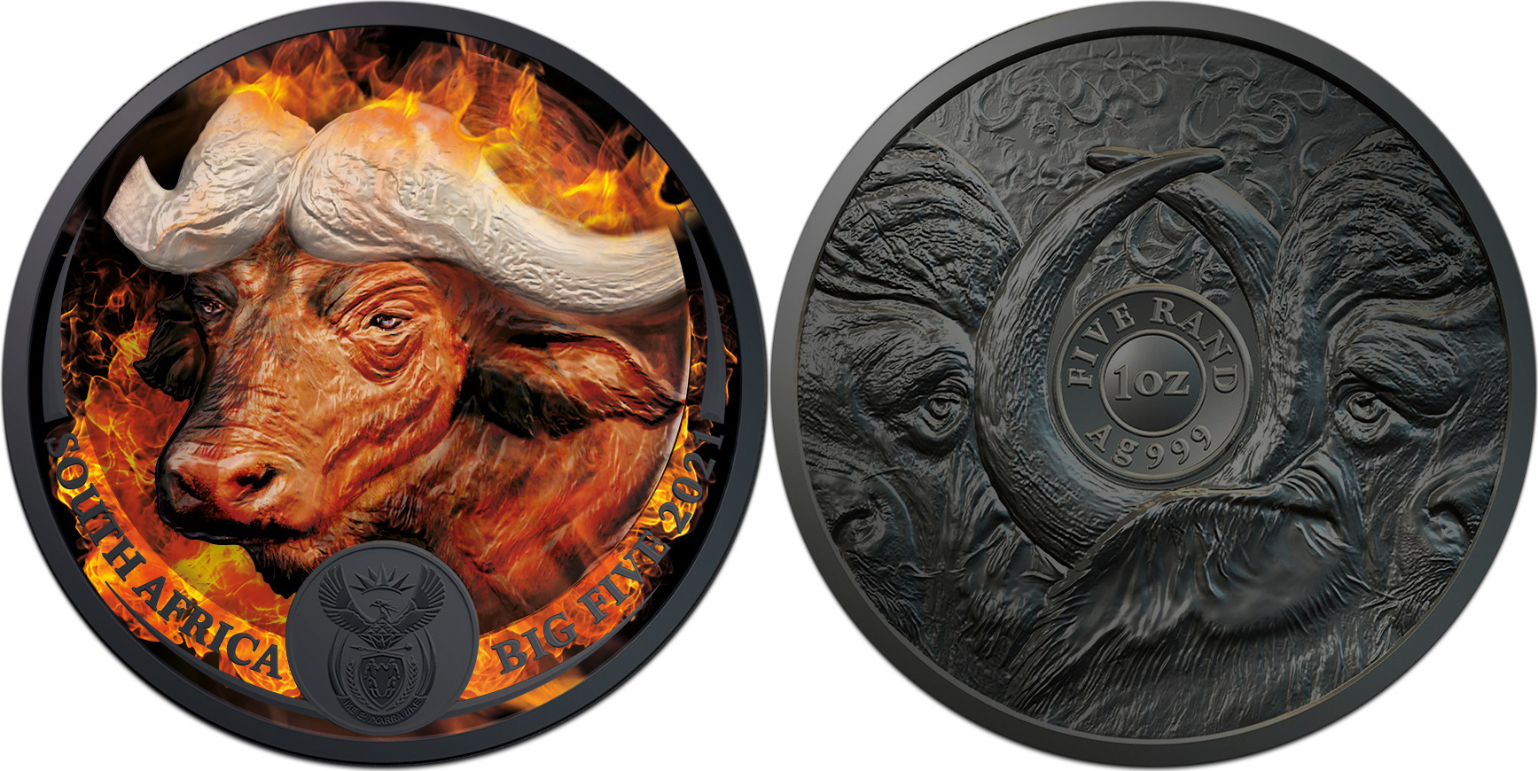 BURNING BUFFALO Big Five 1 Oz Silver Coin 5 Rand South Africa 2021 BU ...