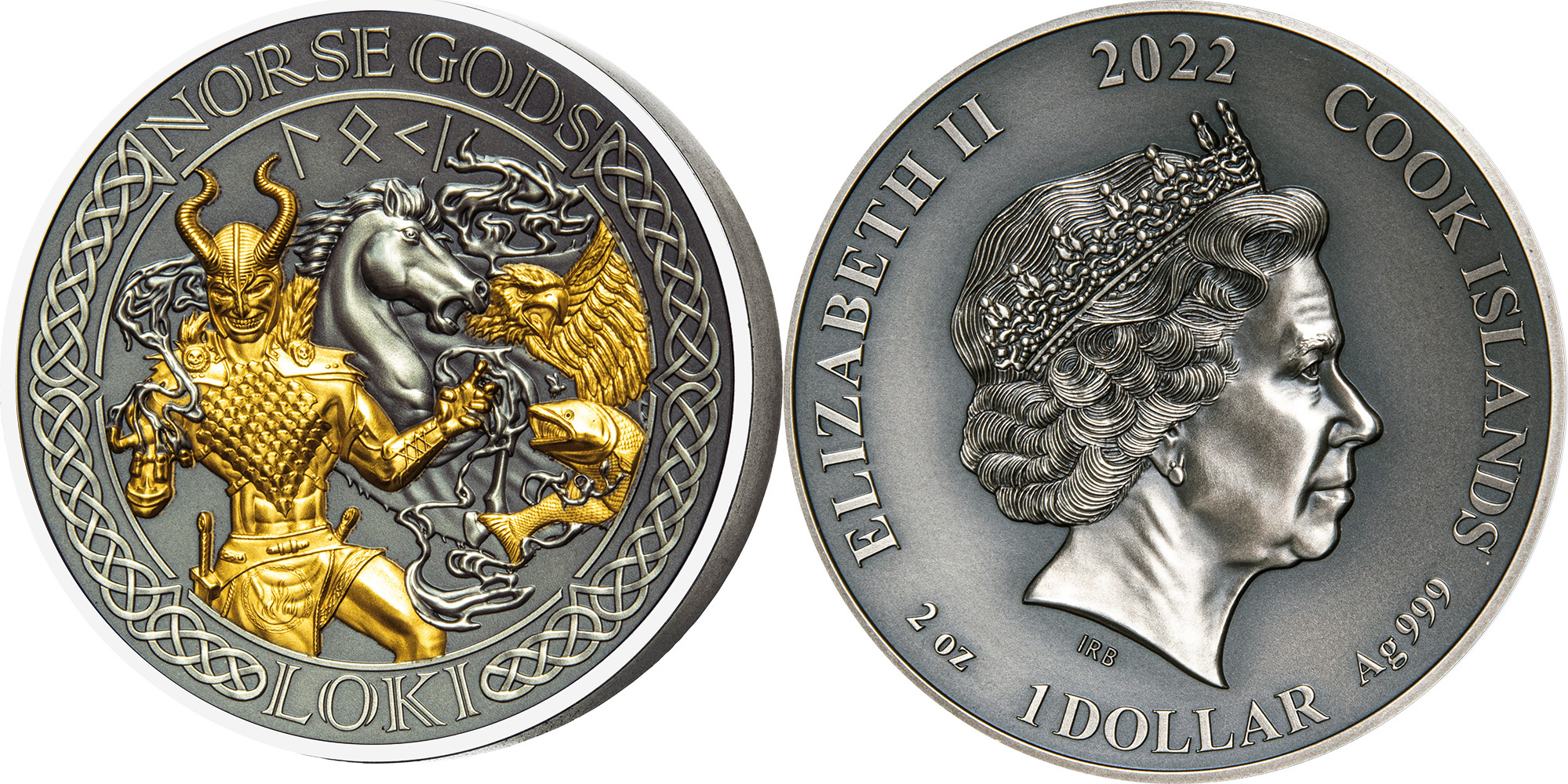 1 Dollar LOKI Norse Gods Gold Plating 2 Oz Silver Coin 1$ Cook Islands ...