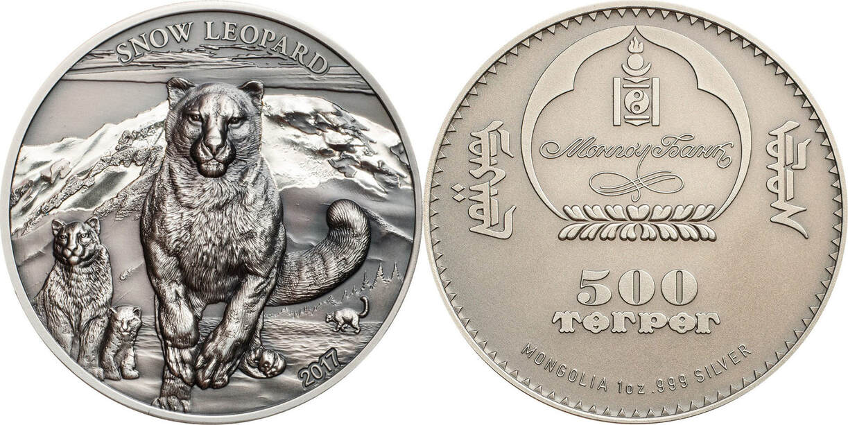 SNOW LEOPARD High Relief Animals 1 Oz Silver Coin 500 Togrog Mongolia ...