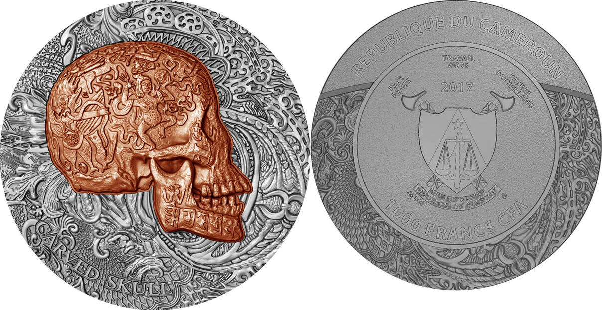 CARVED SKULL Bones 1 Oz Silver Coin 1000 Francs Cameroon 2017 Antique ...