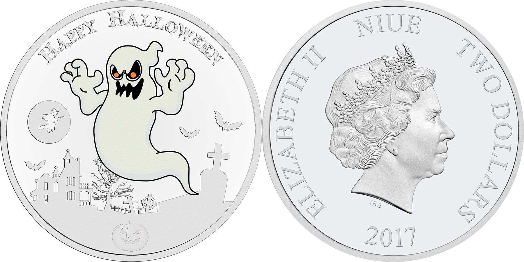 2 Dollars GHOST Halloween Glow In The Dark 1 Oz Silver Coin 2$ Niue ...