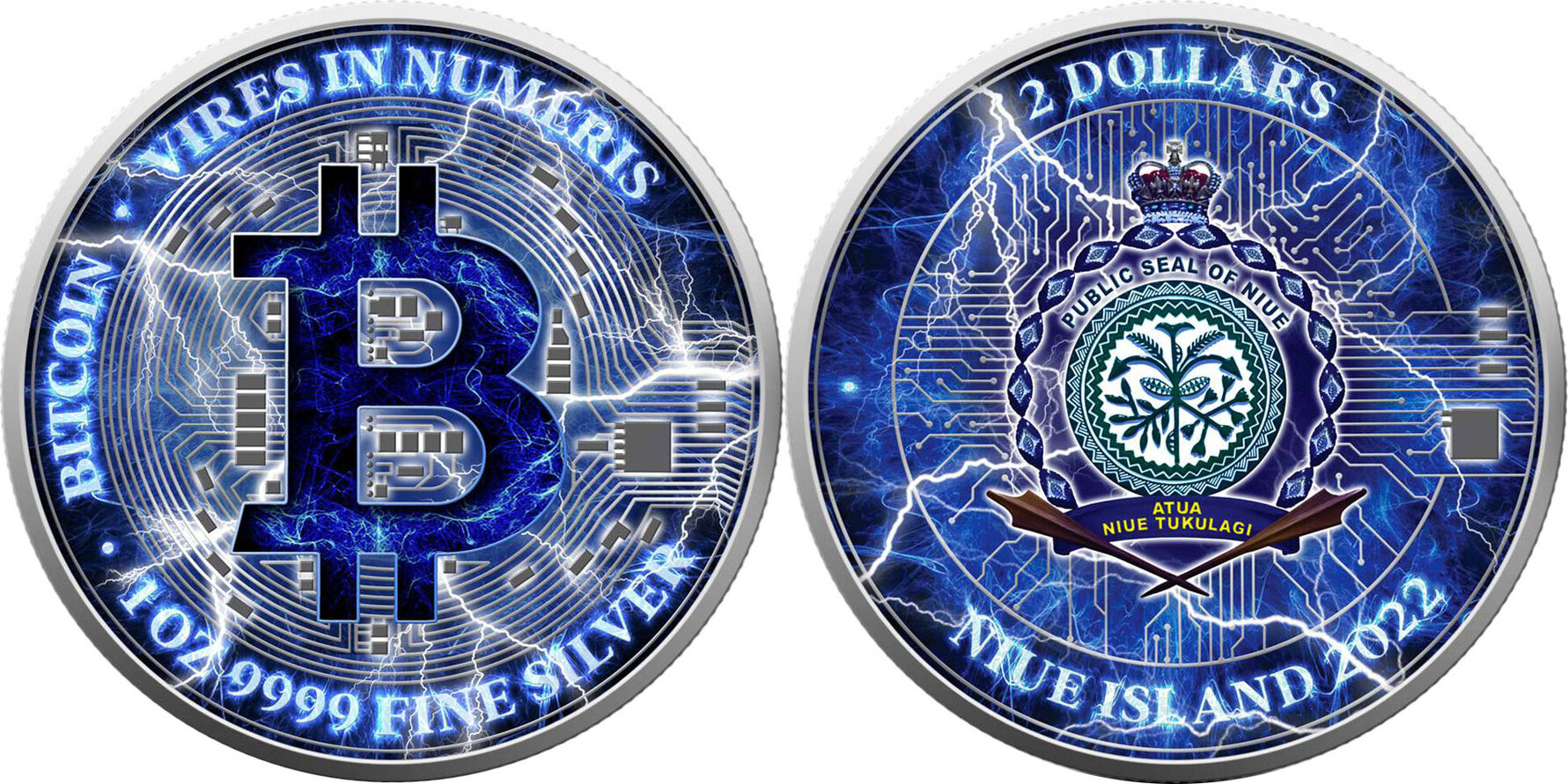 2 Dollars BITCOIN ENERGY 1 Oz Silver Coin 2$ Niue 2022 BU-Brilliant unz ...