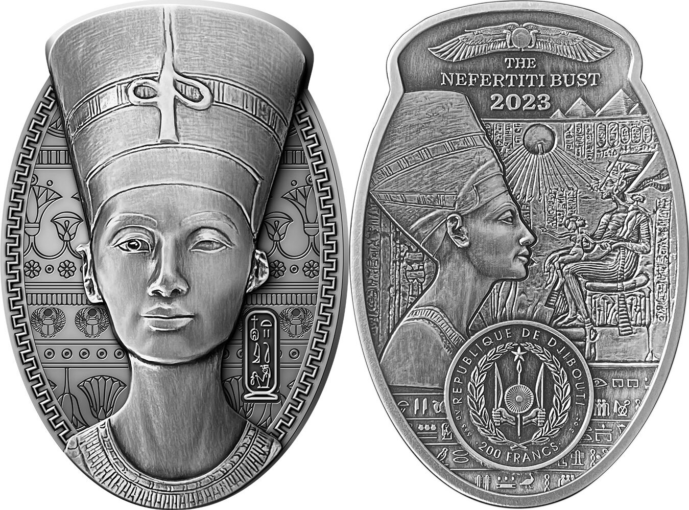 NEFERTITI BUST 3 Oz Silver Coin 200 Francs Djibouti 2023 Antique Finish ...