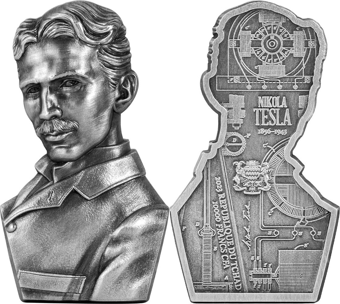 NIKOLA TESLA Shaped 2 Oz Silver Coin 10000 Francs Chad 2023 Antique ...