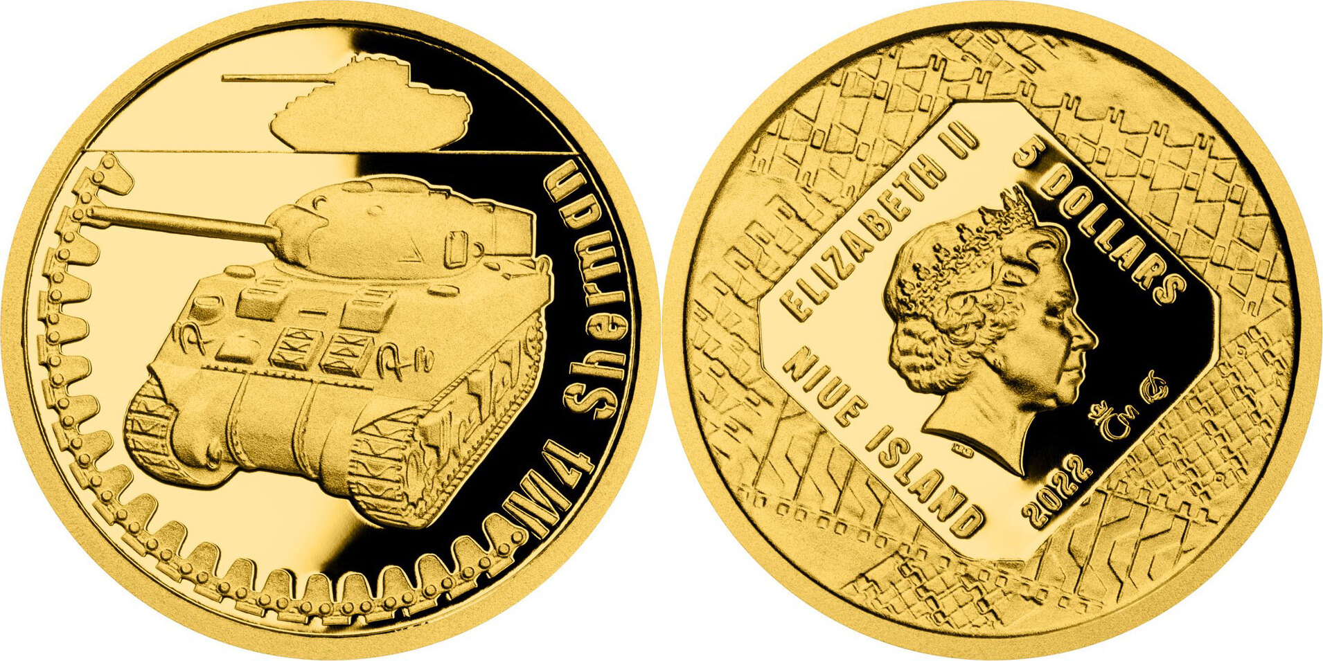 5 Dollars M4 SHERMAN Armored Vehicles 1/10 Oz Gold Coin 5$ Niue 2022 PP ...
