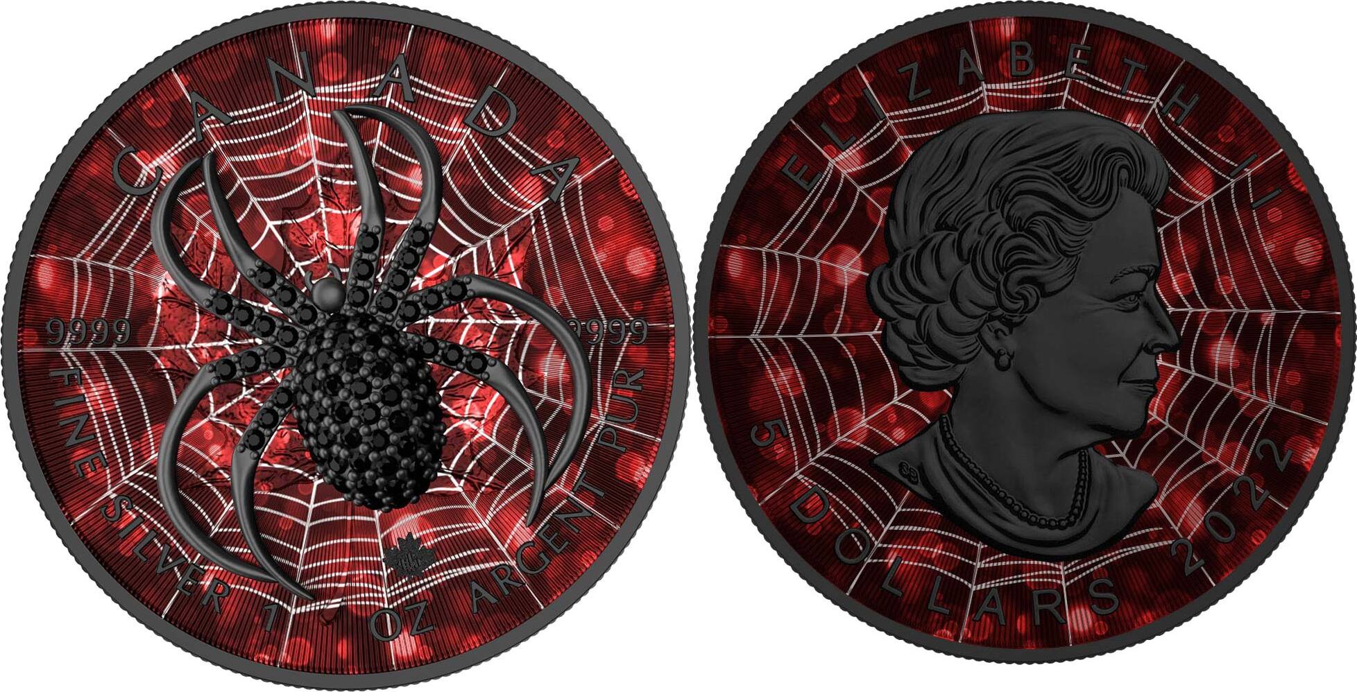 5 Dollars BLACK SPIDER Bejeweled Maple Leaf 1 Oz Silver Coin 5$ Canada ...