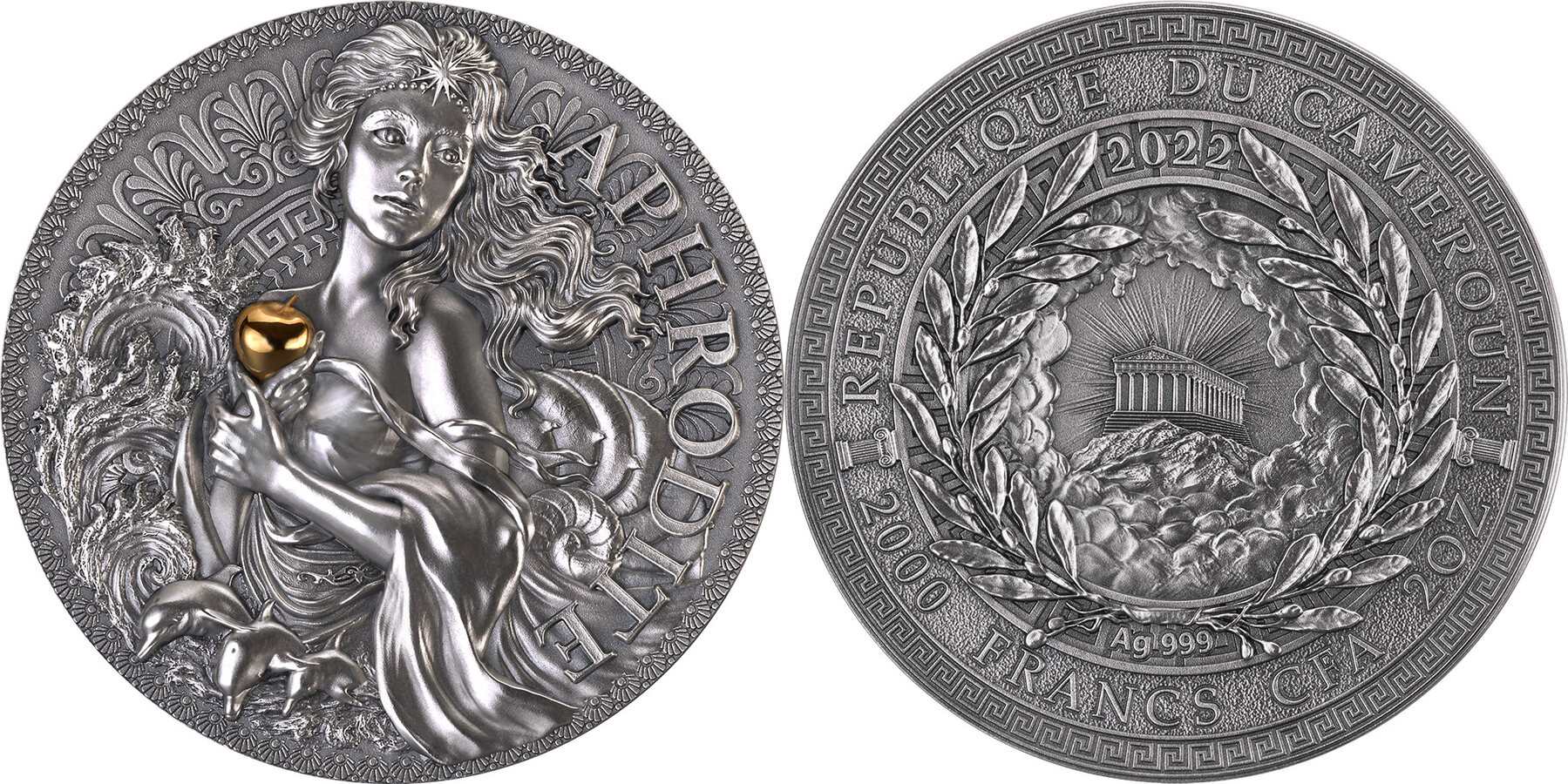 APHRODITE Great Greek Mythology 2 Oz Silver Coin 2000 Francs Cameroon ...