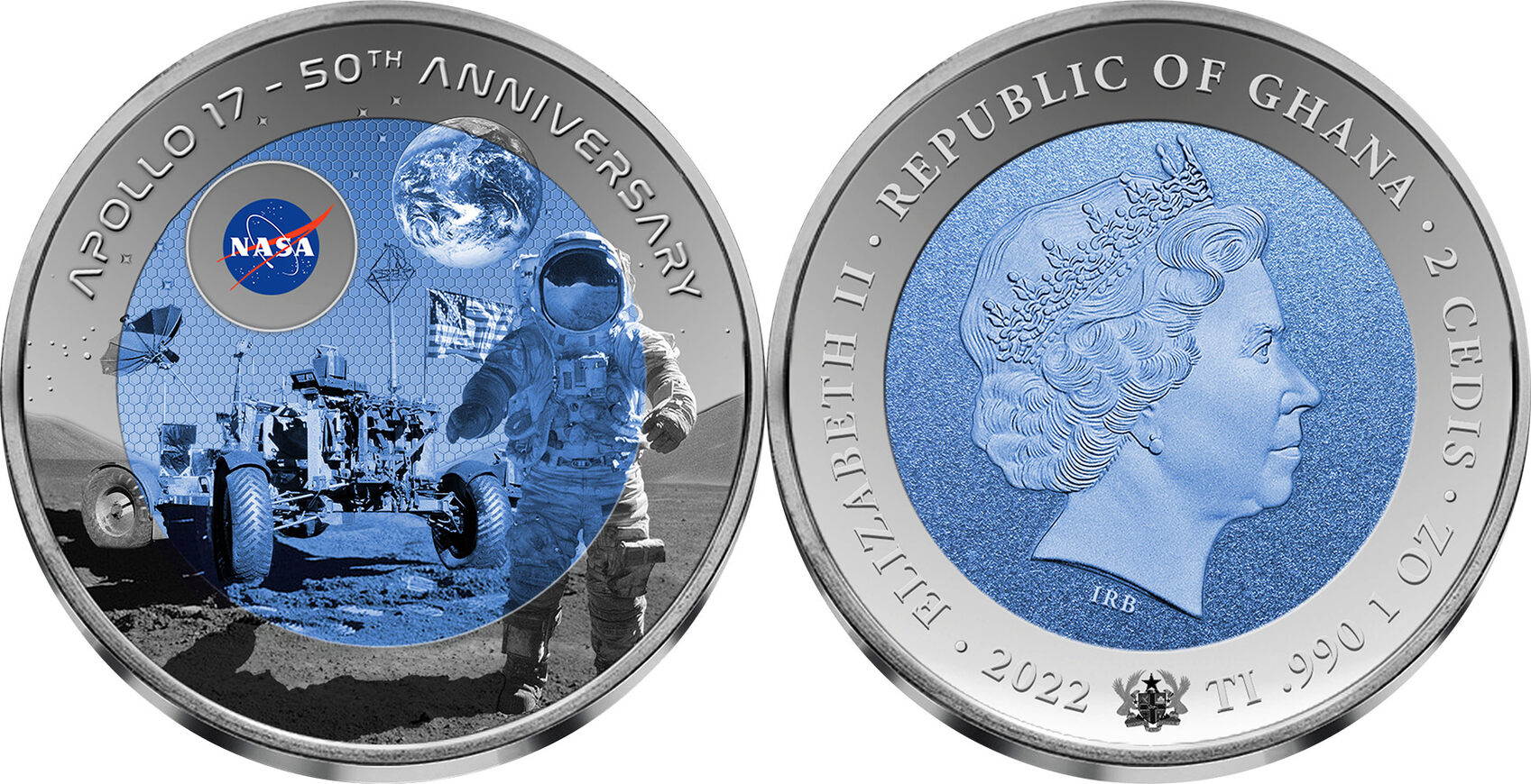 APOLLO 17 50th Anniversary 1 Oz Titanium Coin 2 Cedis Ghana 2022 BU ...
