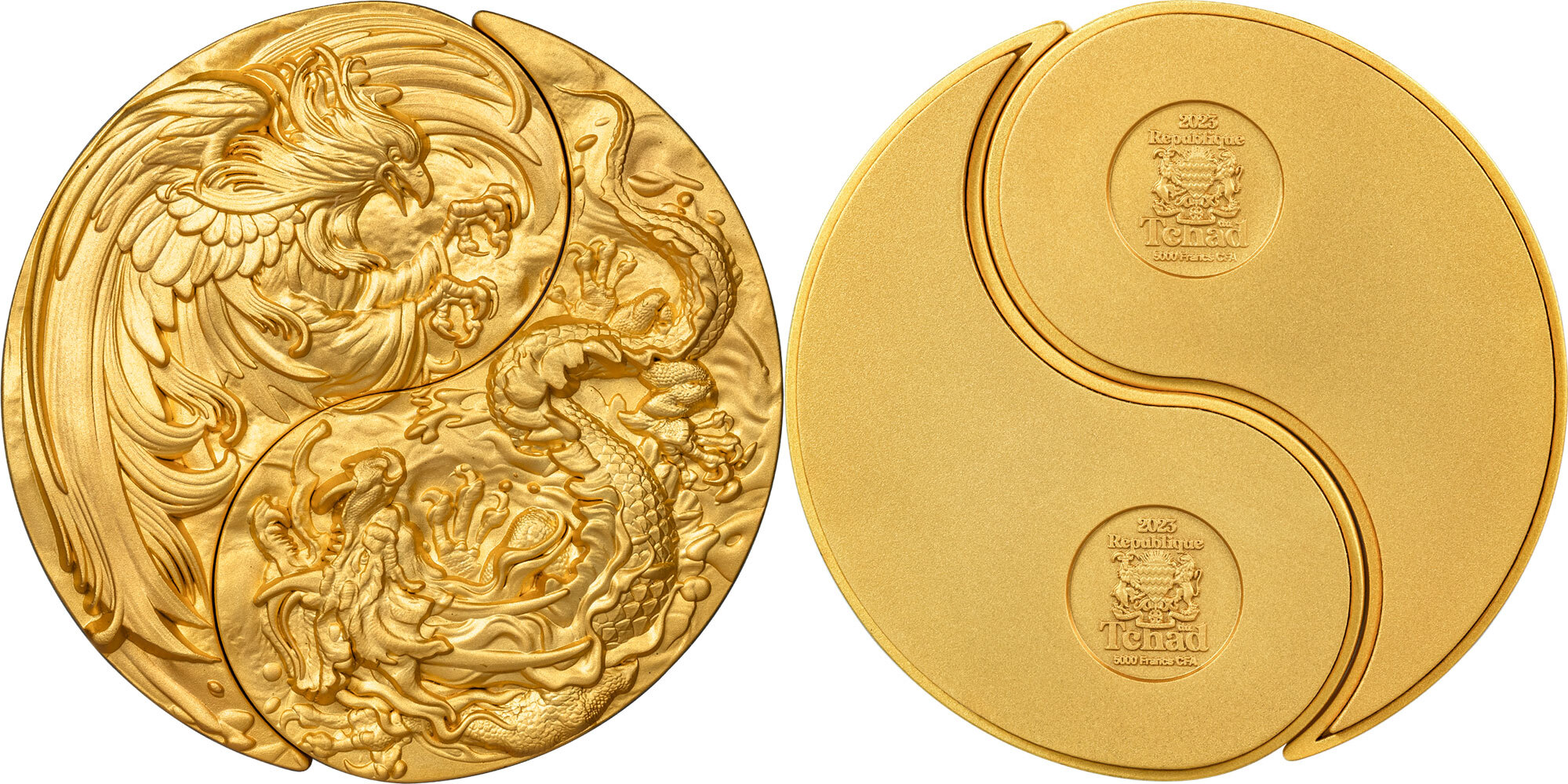 YIN YANG DRAGON AND PHOENIX Gilded Set 2 x 1 Oz Silver Coin 5000 Francs ...
