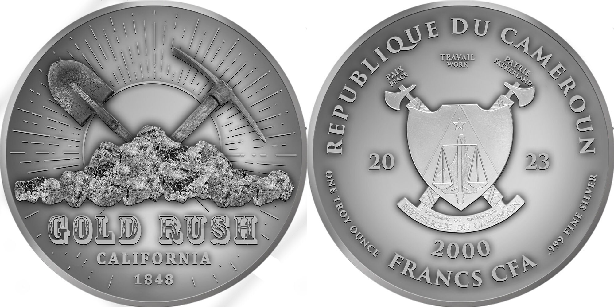 CALIFORNIA GOLD RUSH Anniversary 1 Oz Silver Coin 2000 Francs Cameroon ...