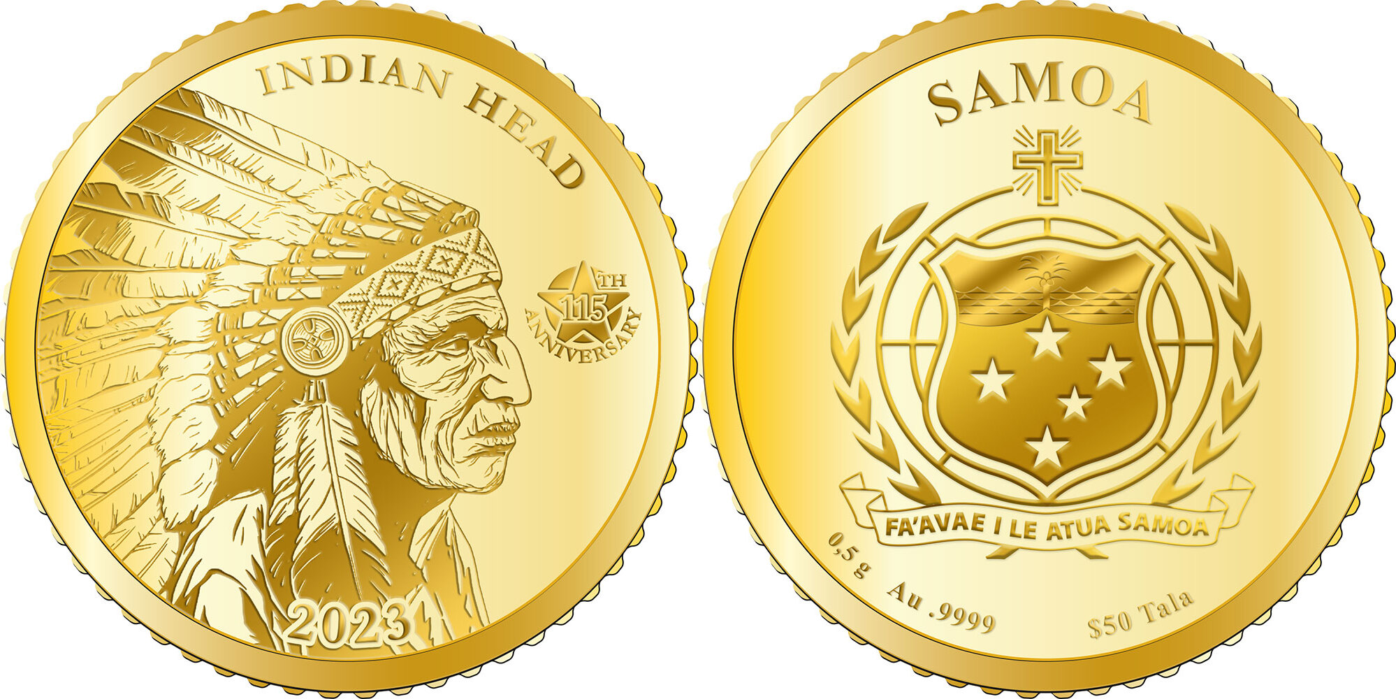 $50 Tala INDIAN HEAD 115th Anniversary Small Gold Coin 50$ Tala Samoa ...