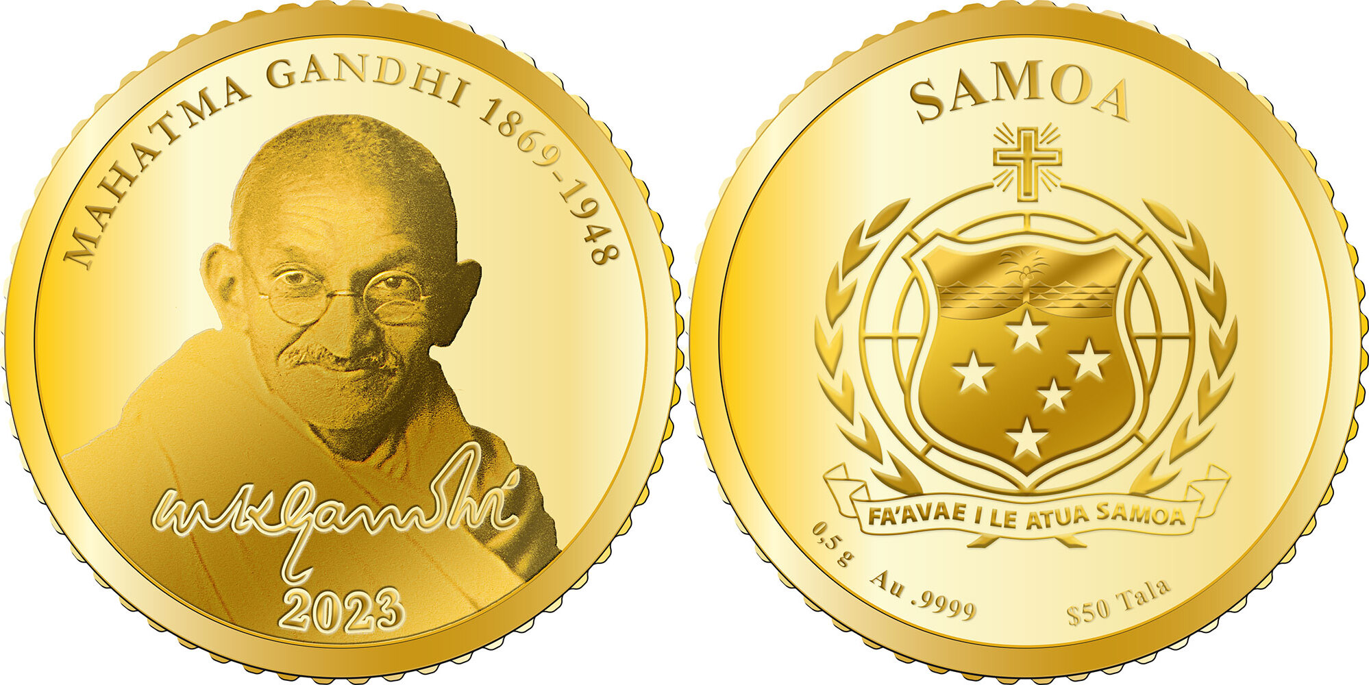 $50 Tala MAHATMA GANDHI Small Gold Coin 50$ Tala Samoa 2023 PP | MA-Shops
