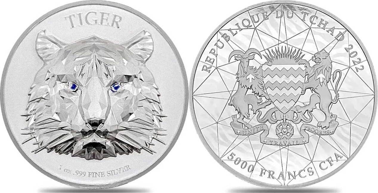 MULTIFACETED TIGER 1 Oz Silver Coin 5000 Francs Chad 2022 PP | MA-Shops
