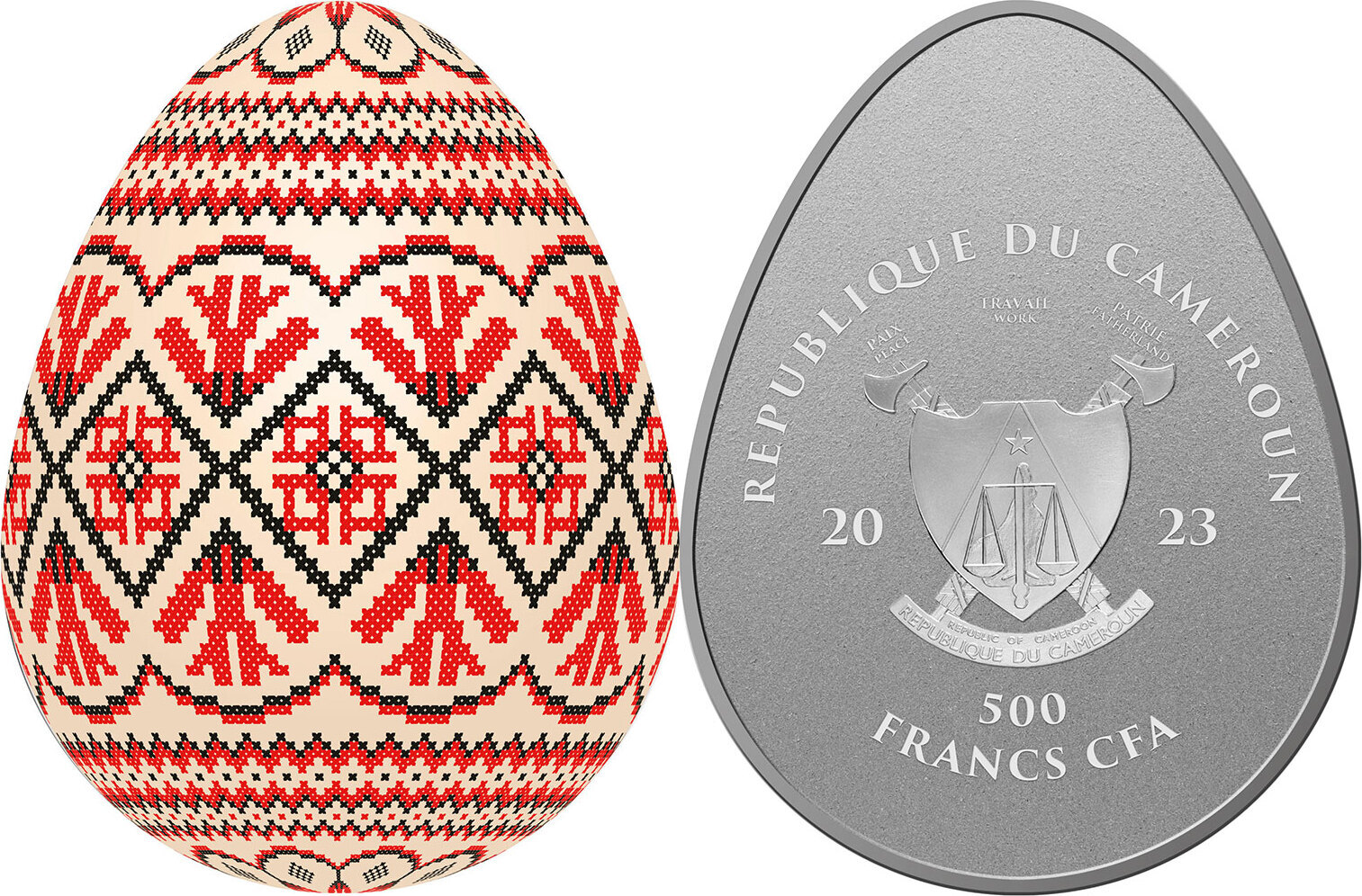 UKRAINIAN PYSANKY Egg Shape Base Metal Coin 500 Francs Cameroon 2023 BU ...