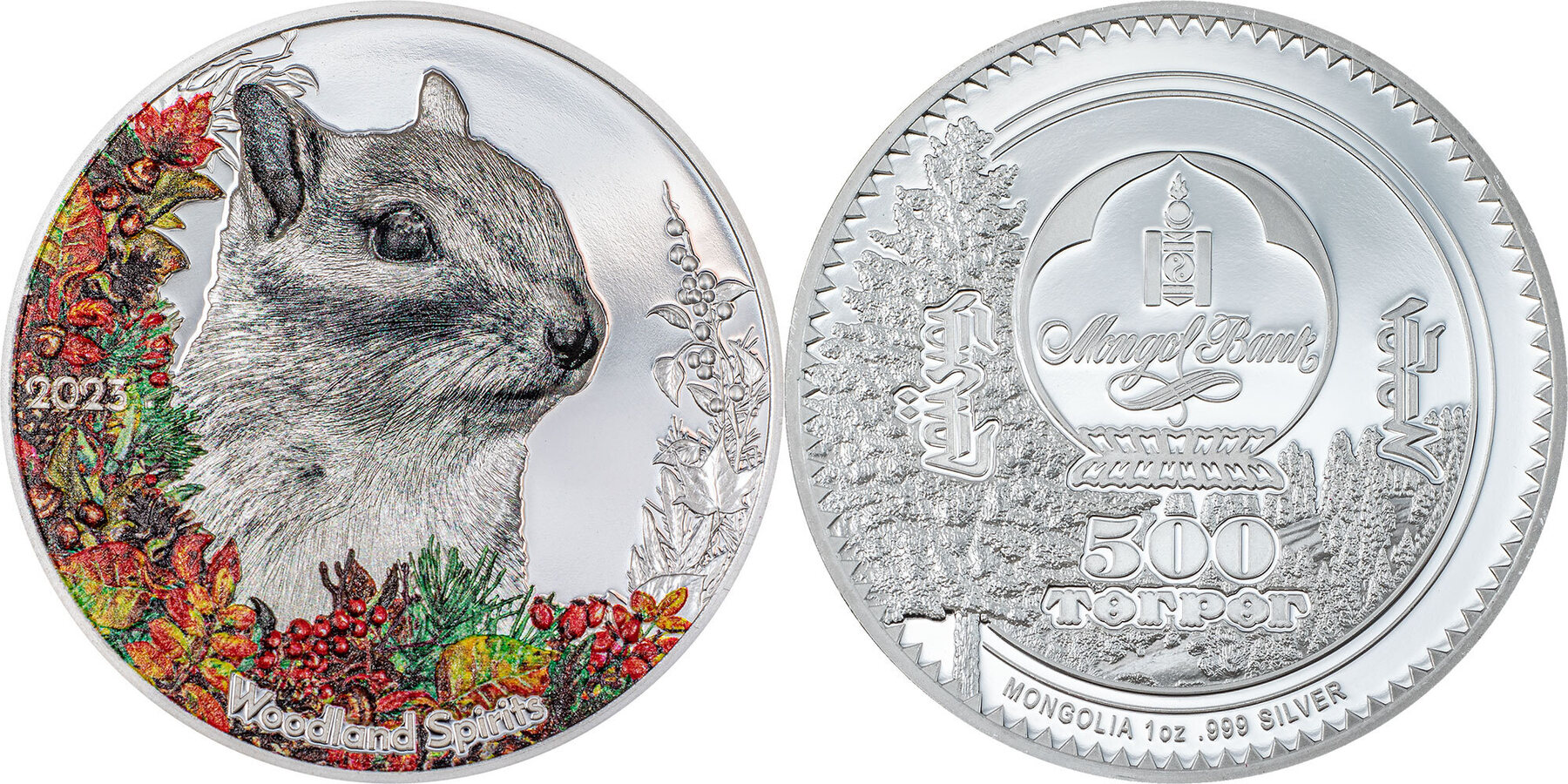 CHIPMUNK Woodland Spirit 1 Oz Silver Coin 500 Togrog Mongolia 2023 PP ...