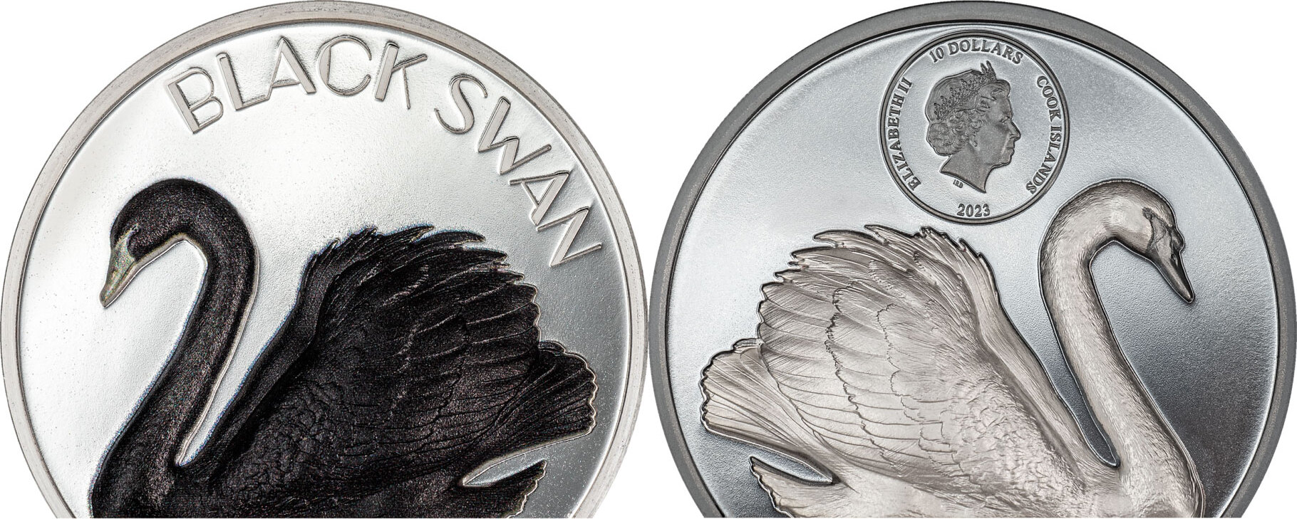 10 Dollars BLACK SWAN 2 Oz Silver Coin 10$ Cook Islands 2023 Black PP ...