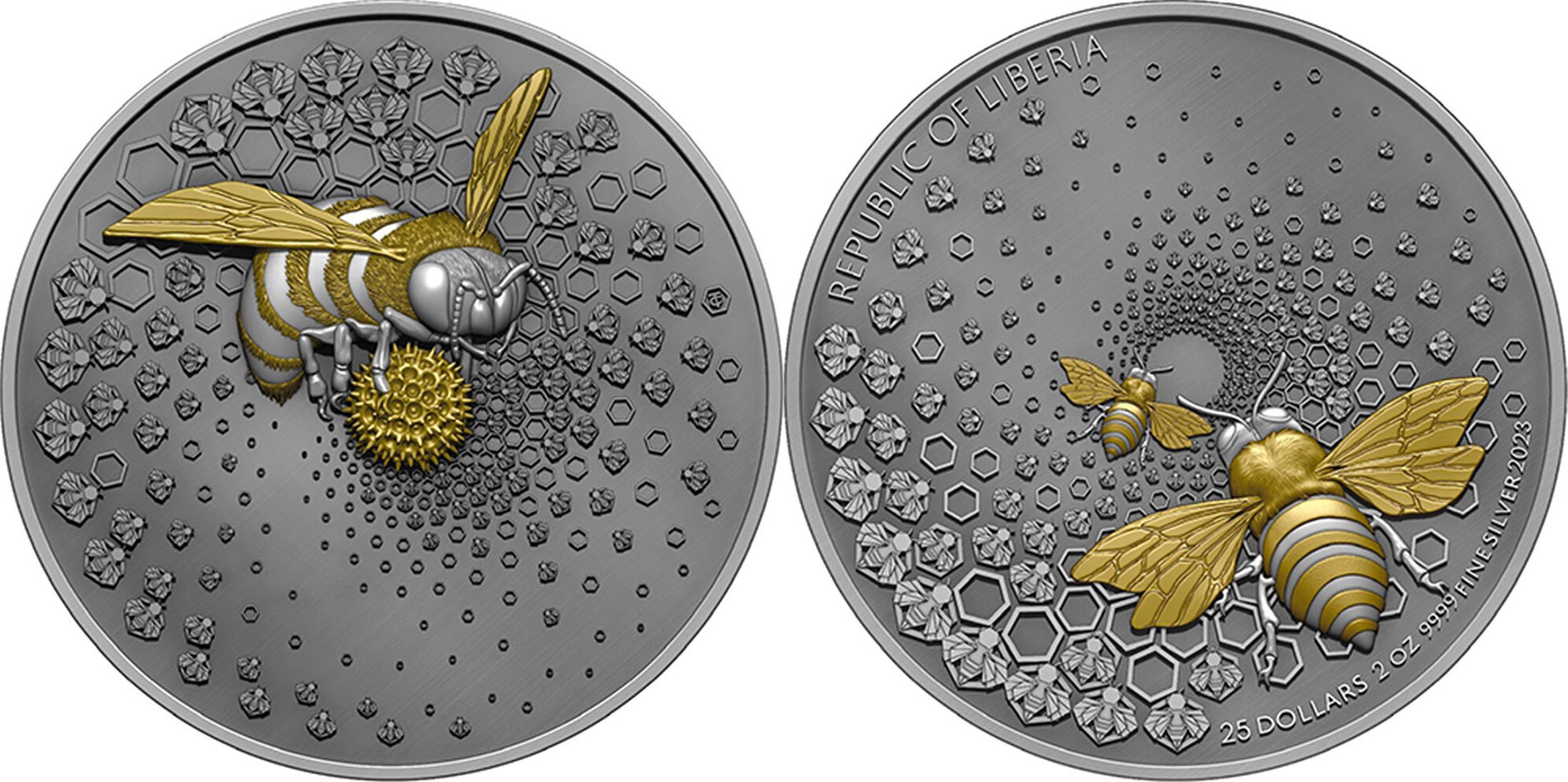 25 Dollars BEE Entoma Dark Gilded 2 Oz Silver Coin 25$ Liberia 2023 | MA-Shops