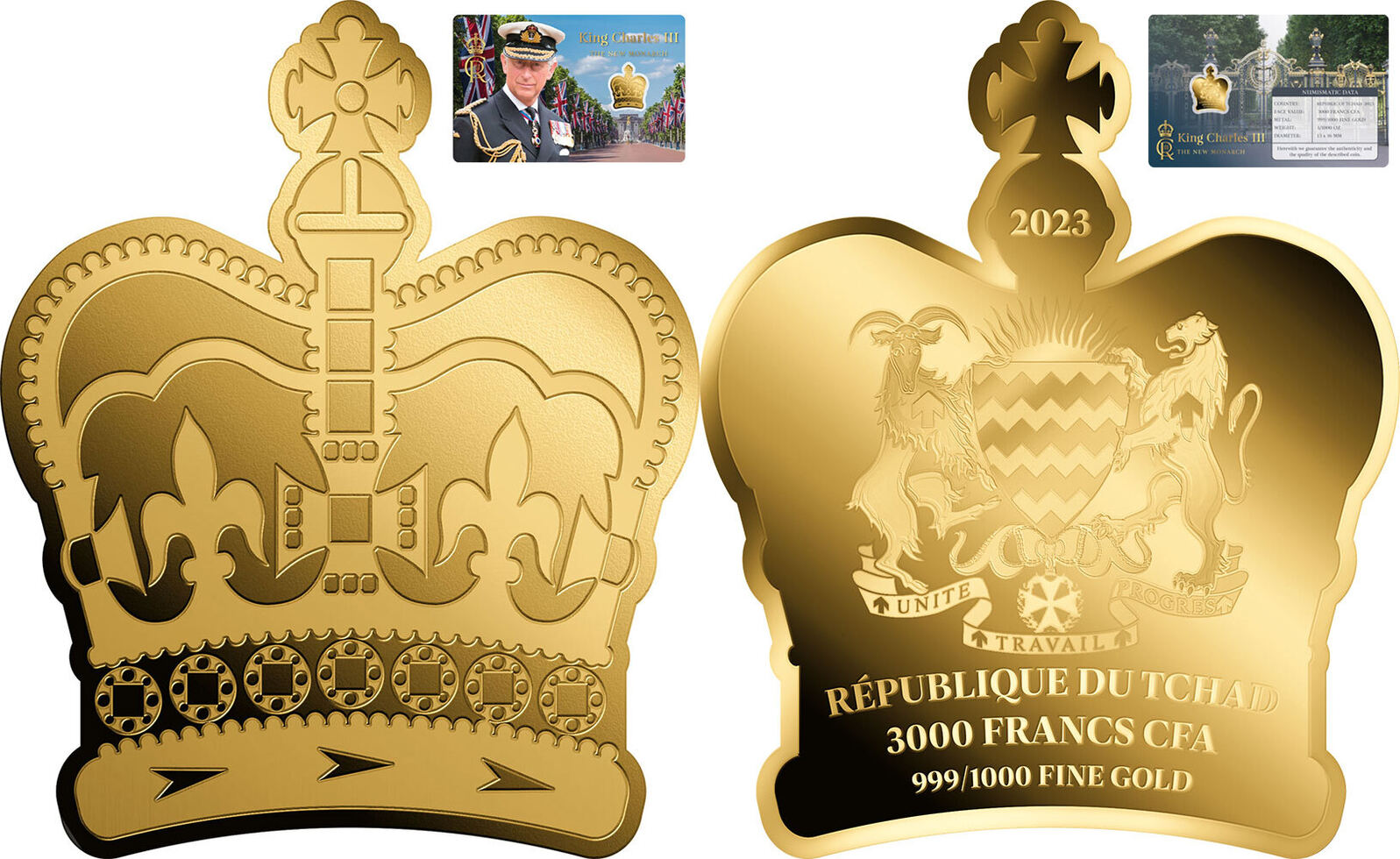 KING CHARLES III CROWN 1 1000 Oz Gold Coin 3000 Francs Chad 2023