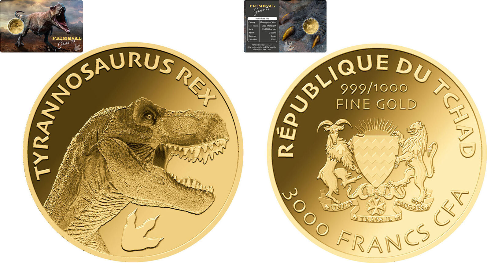 TYRANNOSAURUS REX 1/1000 Oz Gold Coin 3000 Francs Chad 2023 Prooflike | MA-Shops
