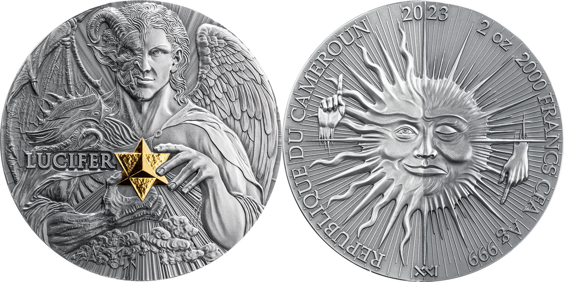 LUCIFER MORNING STAR Dual Essence 2 Oz Silver Coin 2000 Francs Cameroon ...