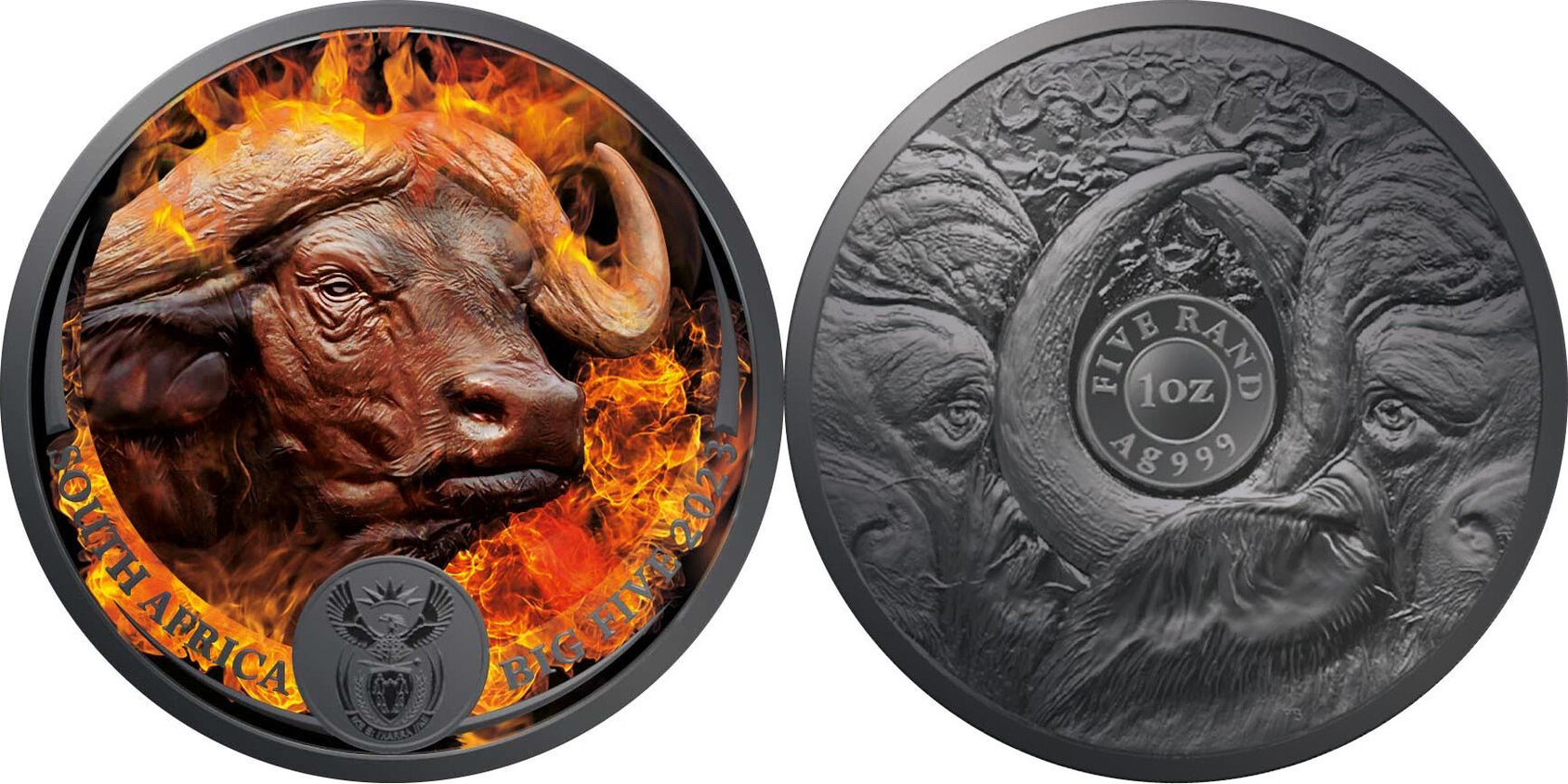 BURNING BUFFALO Burning Big Five II 1 Oz Silver Coin 5 Rand South ...
