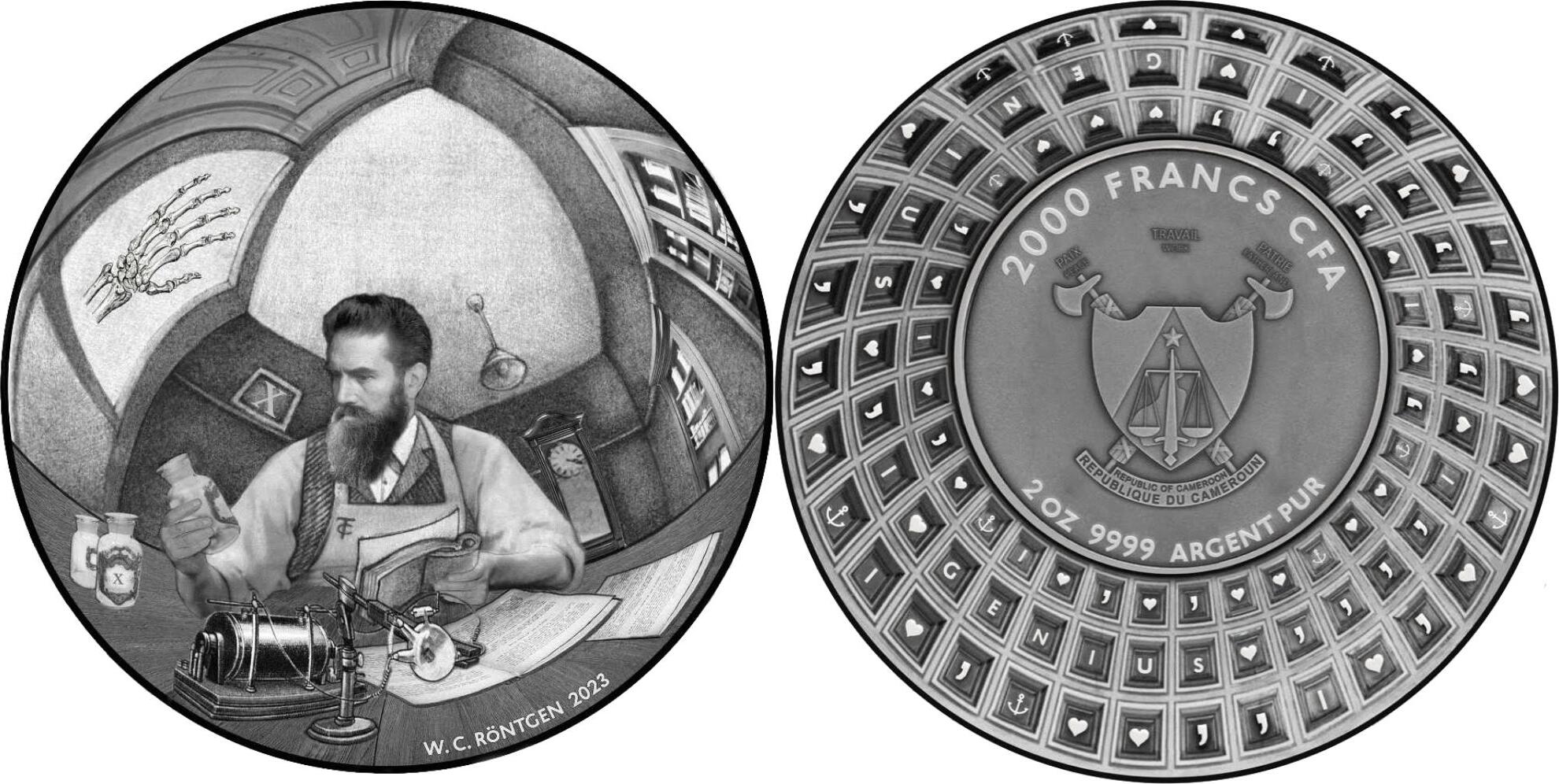 RÖNTGEN Genius 100th Anniversary 2 Oz Silver Coin 2000 Francs Cameroon ...