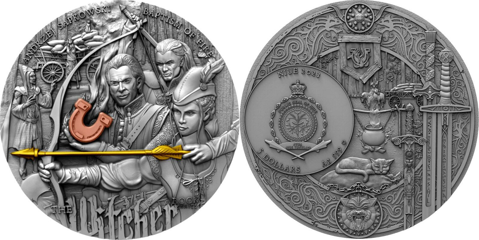5 Dollars BAPTISM OF FIRE The Witcher 2 Oz Silver Coin 5$ Niue 2023 ...
