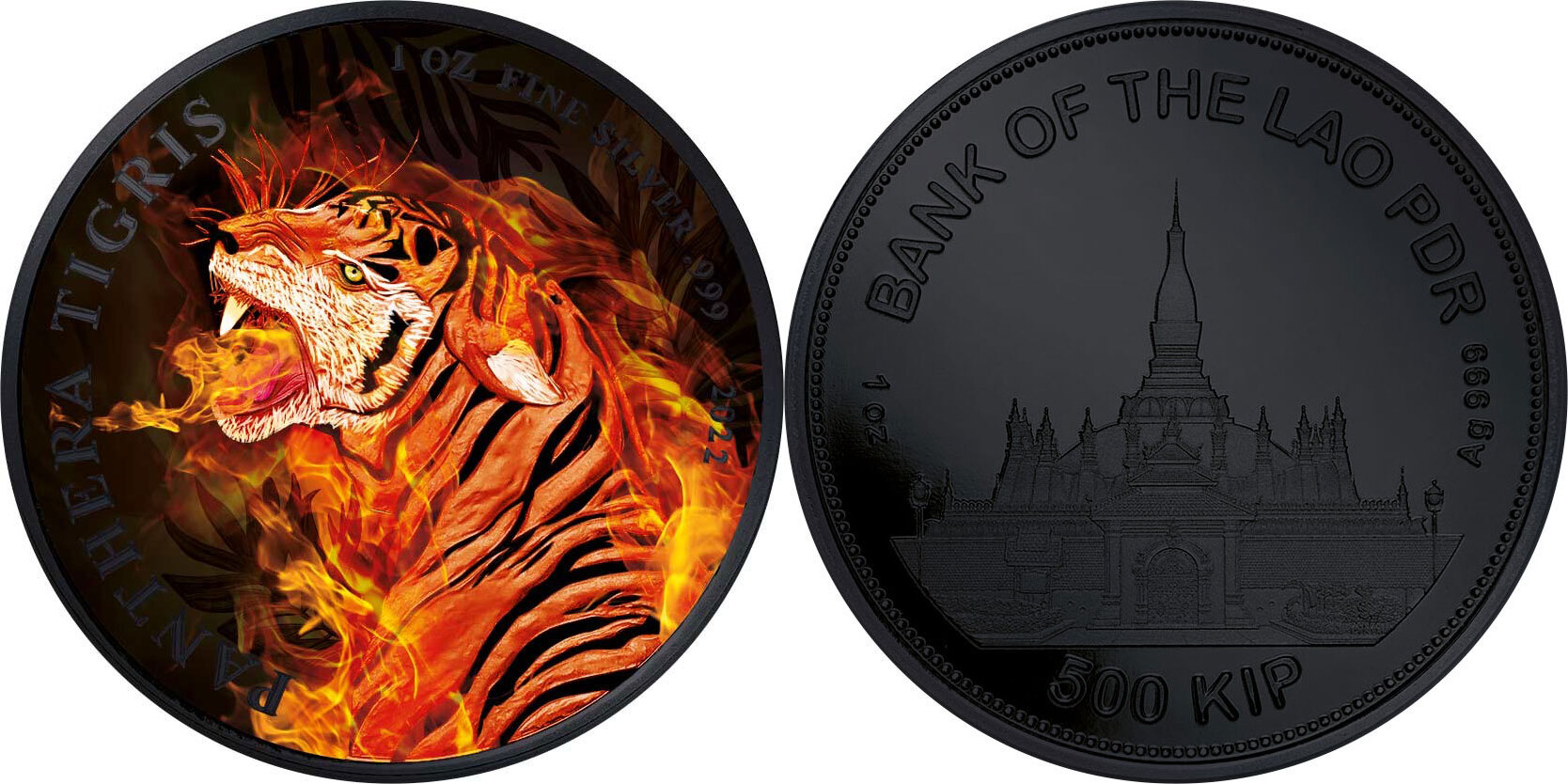 PANTHERA TIGRIS Burning Tiger 1 Oz Silver Coin 500 Kip Lao Laos 2022 BU ...