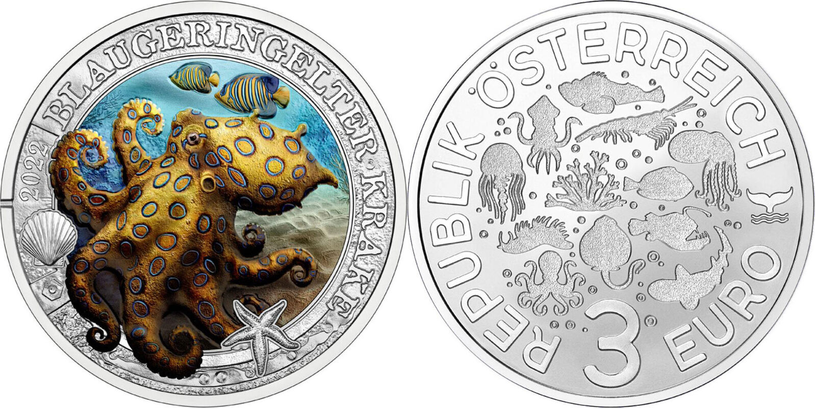 3 Euro BLUE RINGED OCTOPUS Luminous Marine Life Base Metal Coin 3€ Euro ...