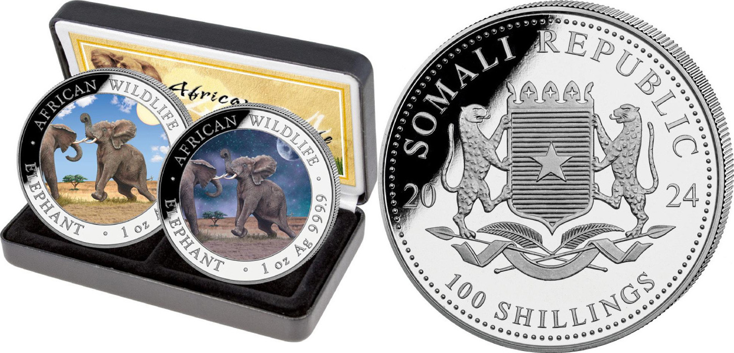 2023 ELEPHANT Day and Night Set 2 x 1 Oz Silver Coin 100 Shillings Somalia 2024 BU-Brilliant unz ...