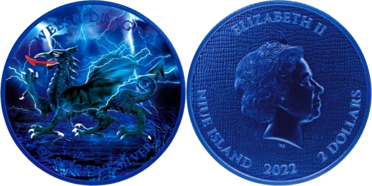 2 Dollars WELSH DRAGON Black Platinum Cyber Blue Hologram 1 Oz Silver ...