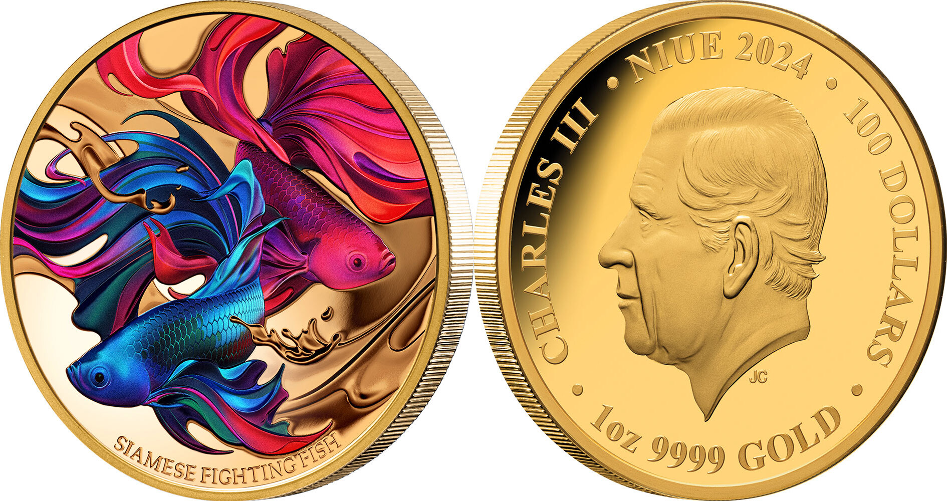 100 Dollars SIAMESE FIGHTING FISH 1 Oz Gold Coin 100$ Niue 2024 PP | MA ...
