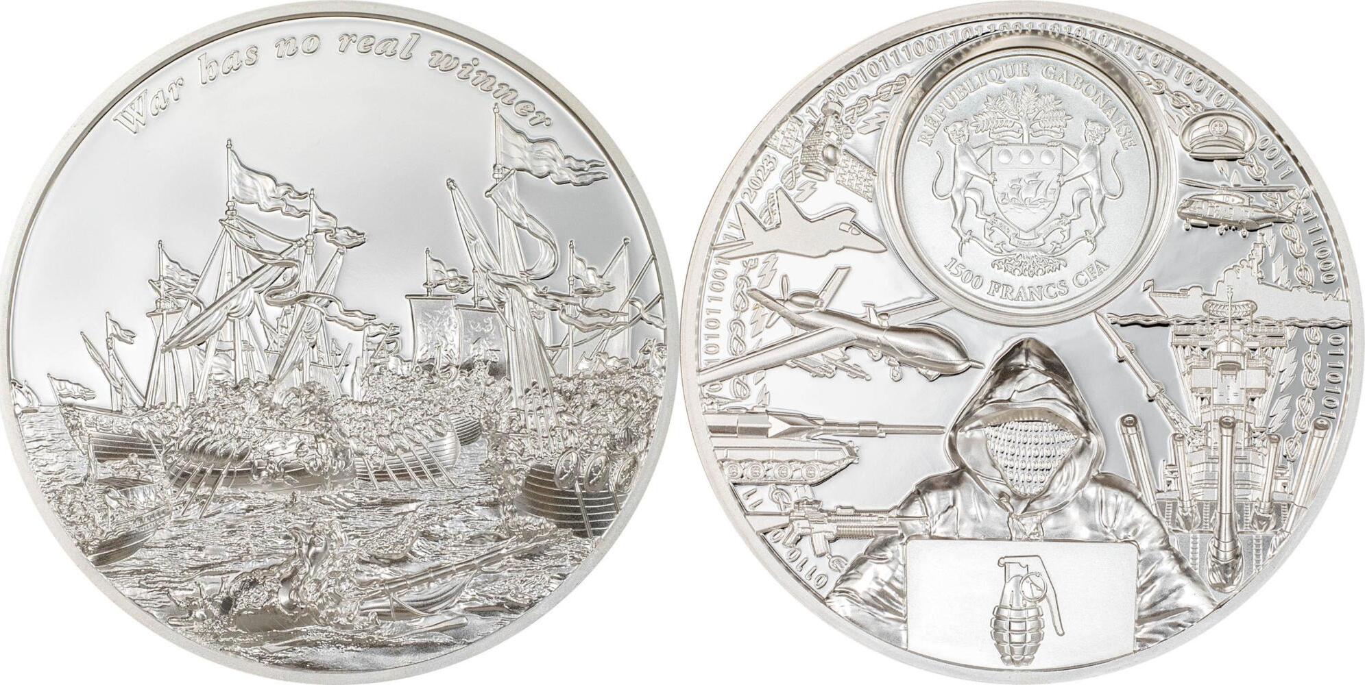 WAR HAS NO REAL WINNER Time Flies 2 Oz Silver Coin 1500 Francs Gabon ...
