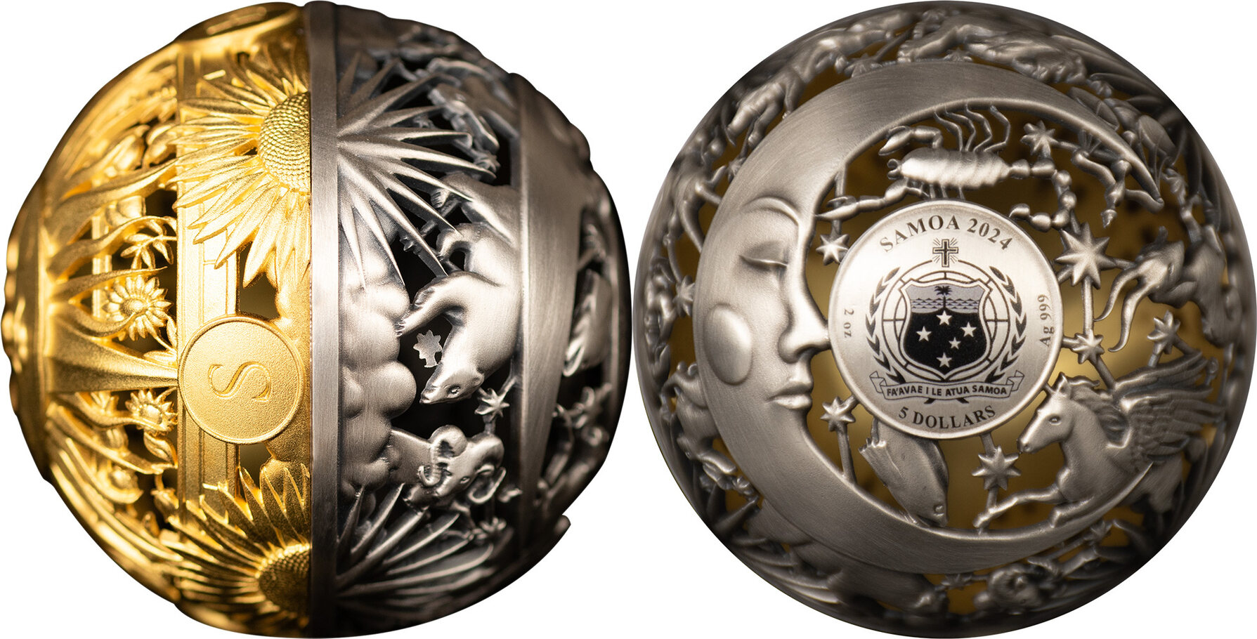 5 Dollars SUN AND MOON Filigree Spherical 2 Oz Silver Coin 5$ Samoa ...