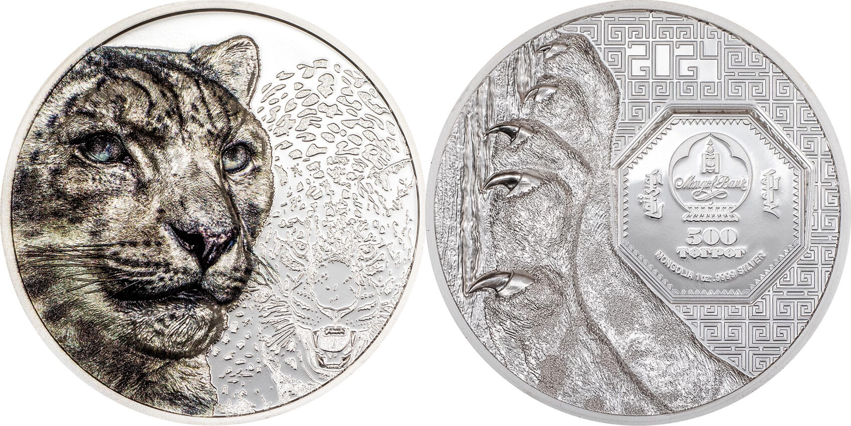 SNOW LEOPARD Wild Mongolia 1 Oz Silver Coin 500 Togrog Mongolia 2024 PP ...