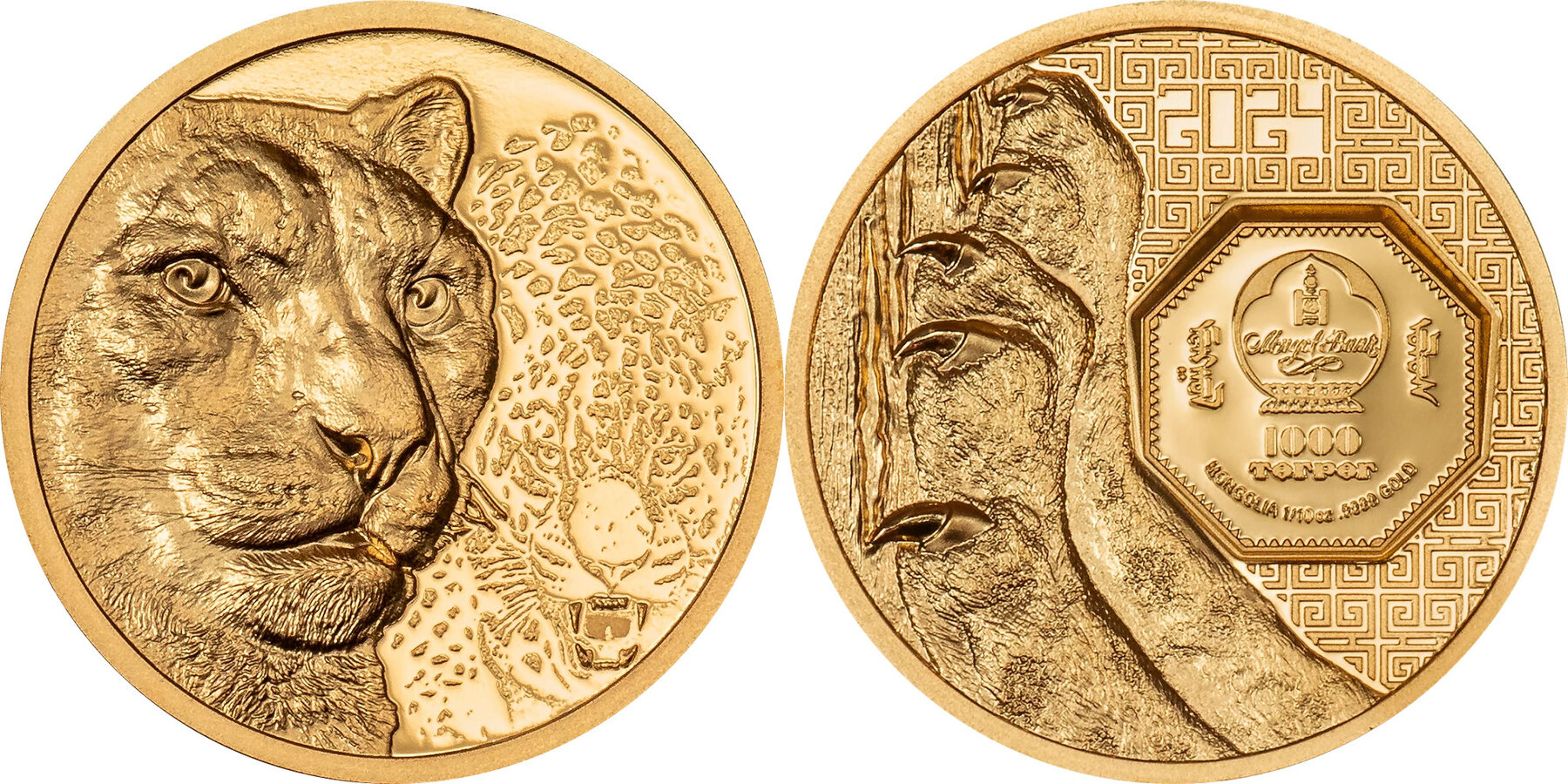 SNOW LEOPARD Wild Mongolia 1/10 Oz Gold Coin 1000 Togrog Mongolia 2024 ...