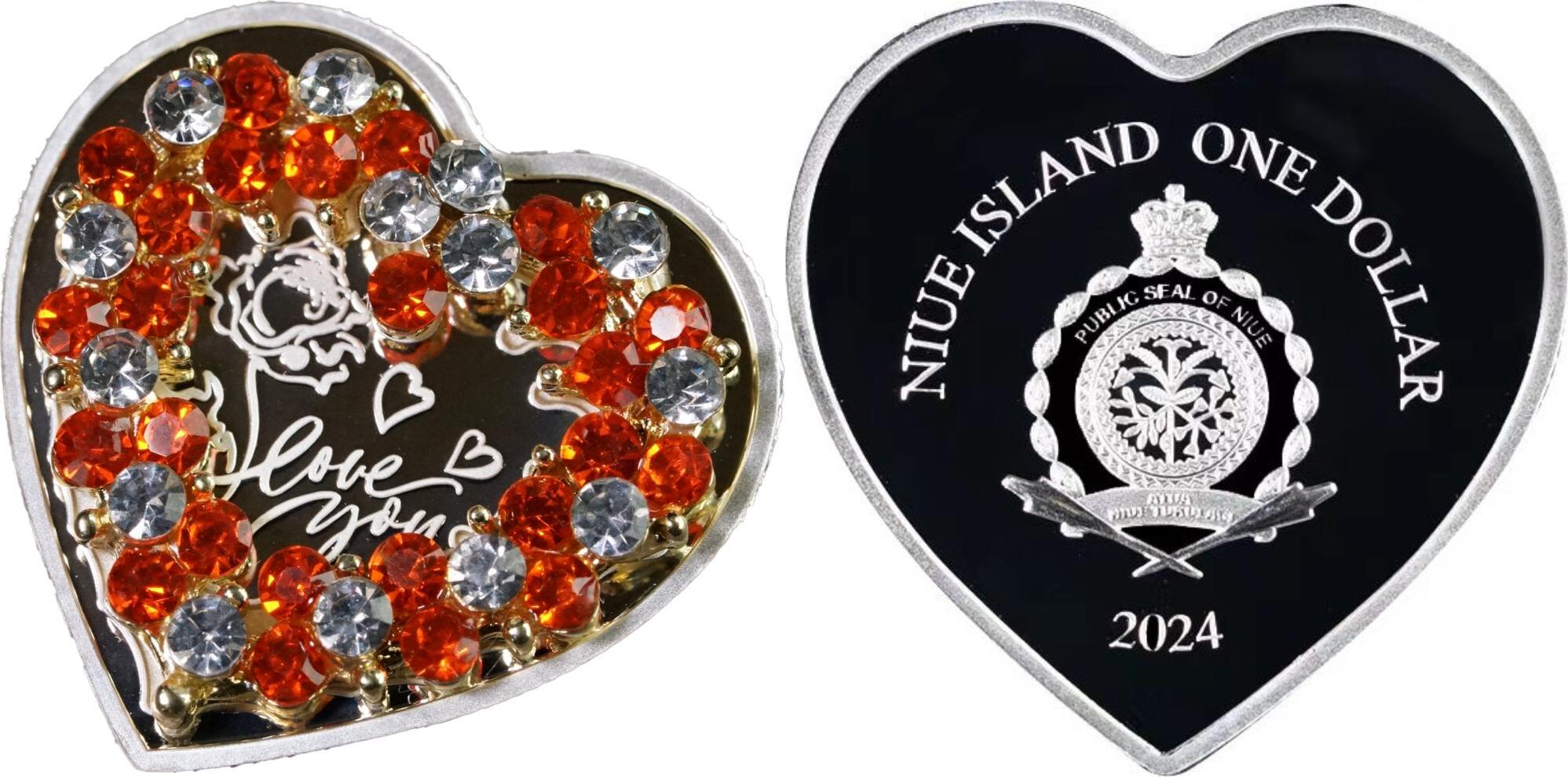 1 Dollar HAPPY VALENTINE DAY Heart Shaped Silver Coin 1$ Niue 2024 PP ...