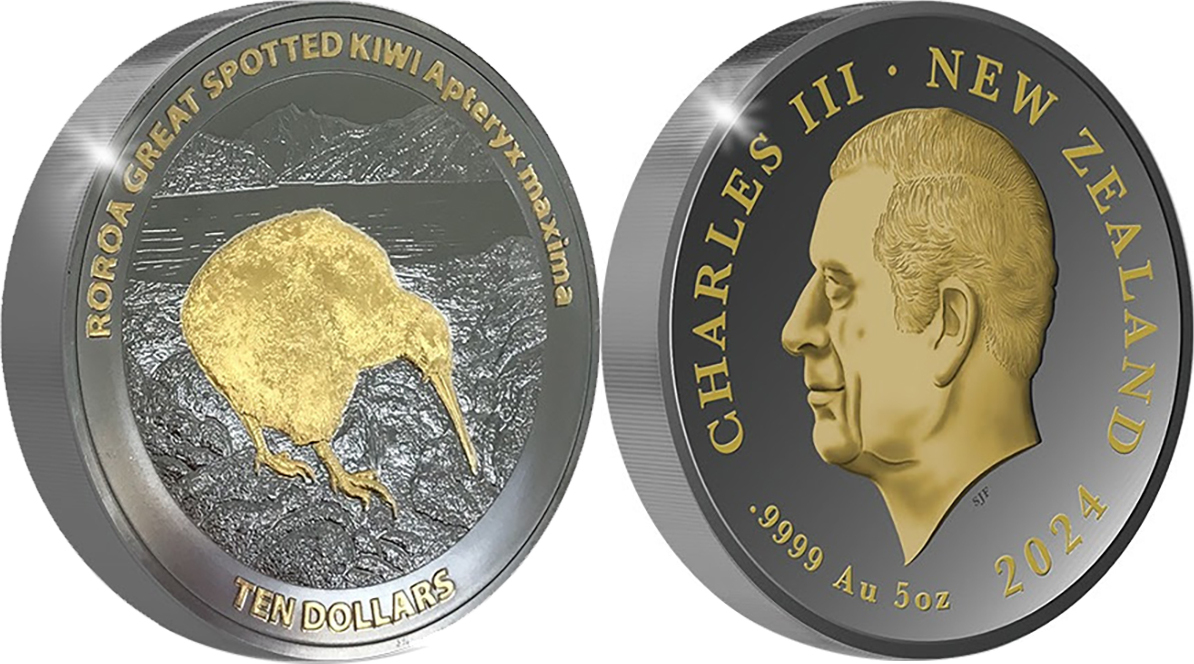 10 Dollars KIWI Gilded 5 Oz Silver Coin 10$ New Zealand 2024 Black PP | MA-Shops