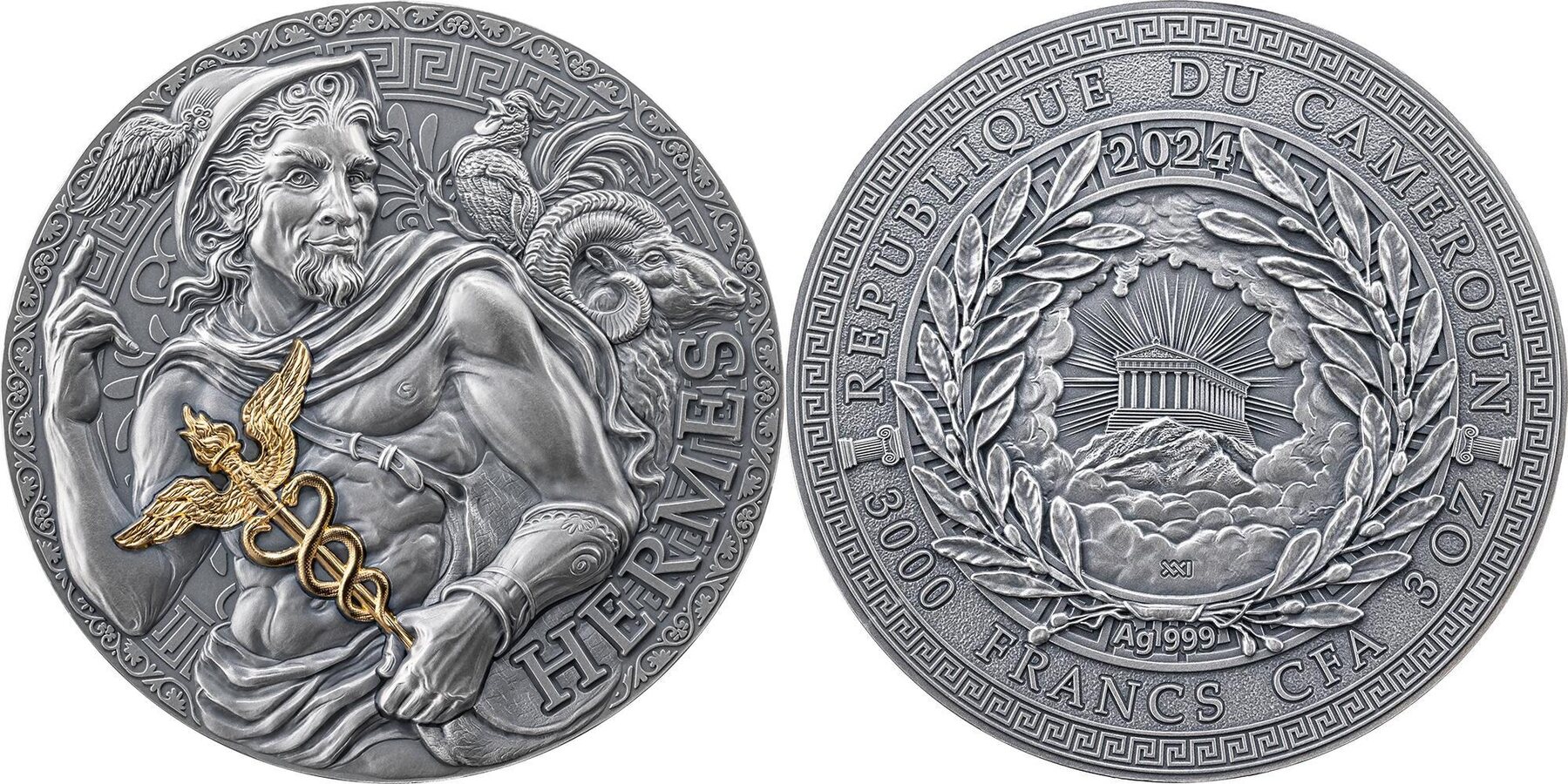 HERMES Great Greek Mythology 3 Oz Silver Coin 3000 Francs Cameroon 2024 ...